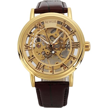 SEWOR Men's Mechanical Hand-Wind Skeleton Transparent Wrist Watch with ...