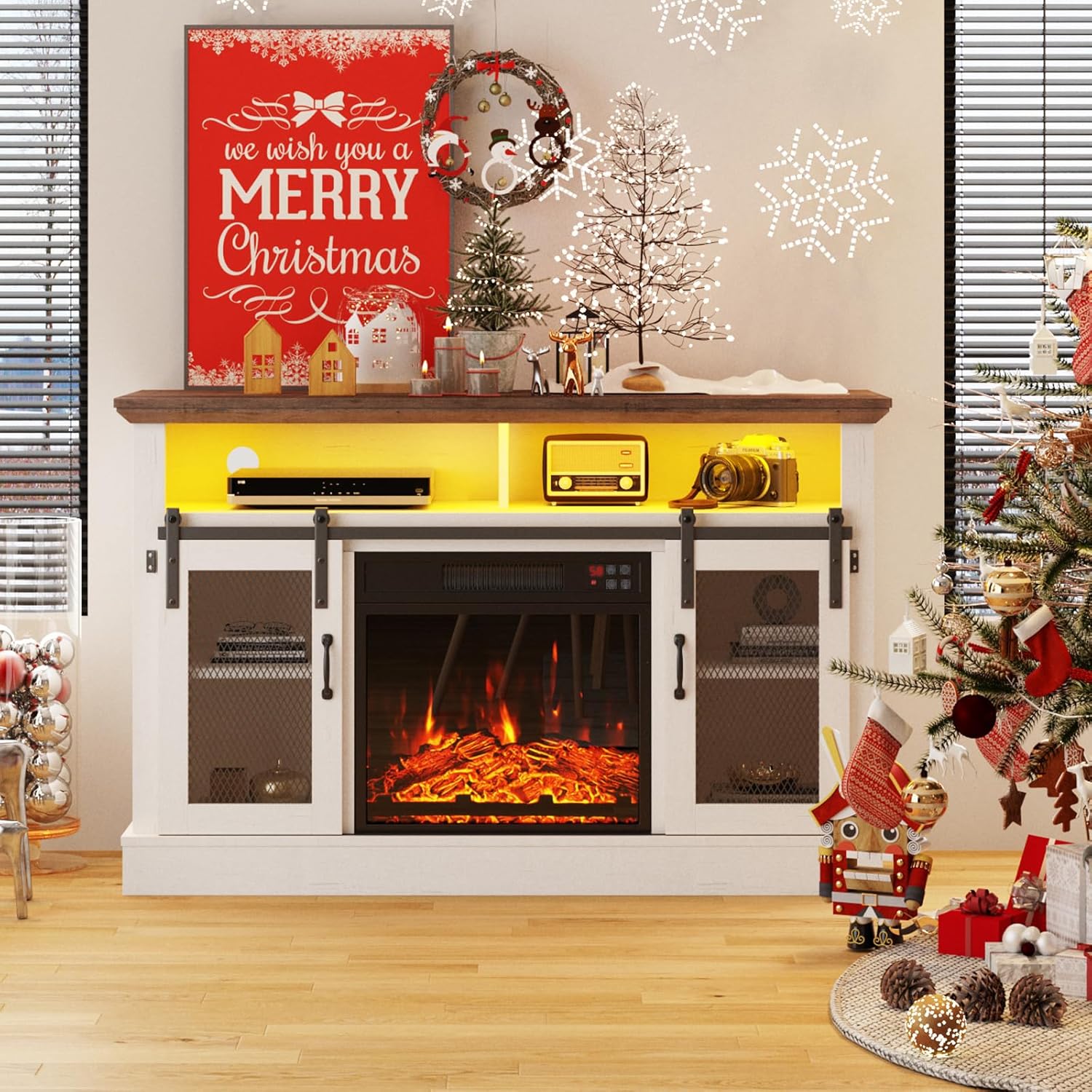 Amazon.com: HOSEOKA Farmhouse Fireplace TV Stand for TVs Up to 55 ...