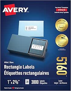 Avery 5160 Address Mailing Labels, 1'' x 2-5/8'' 30up 3000 Labels, FBA ...