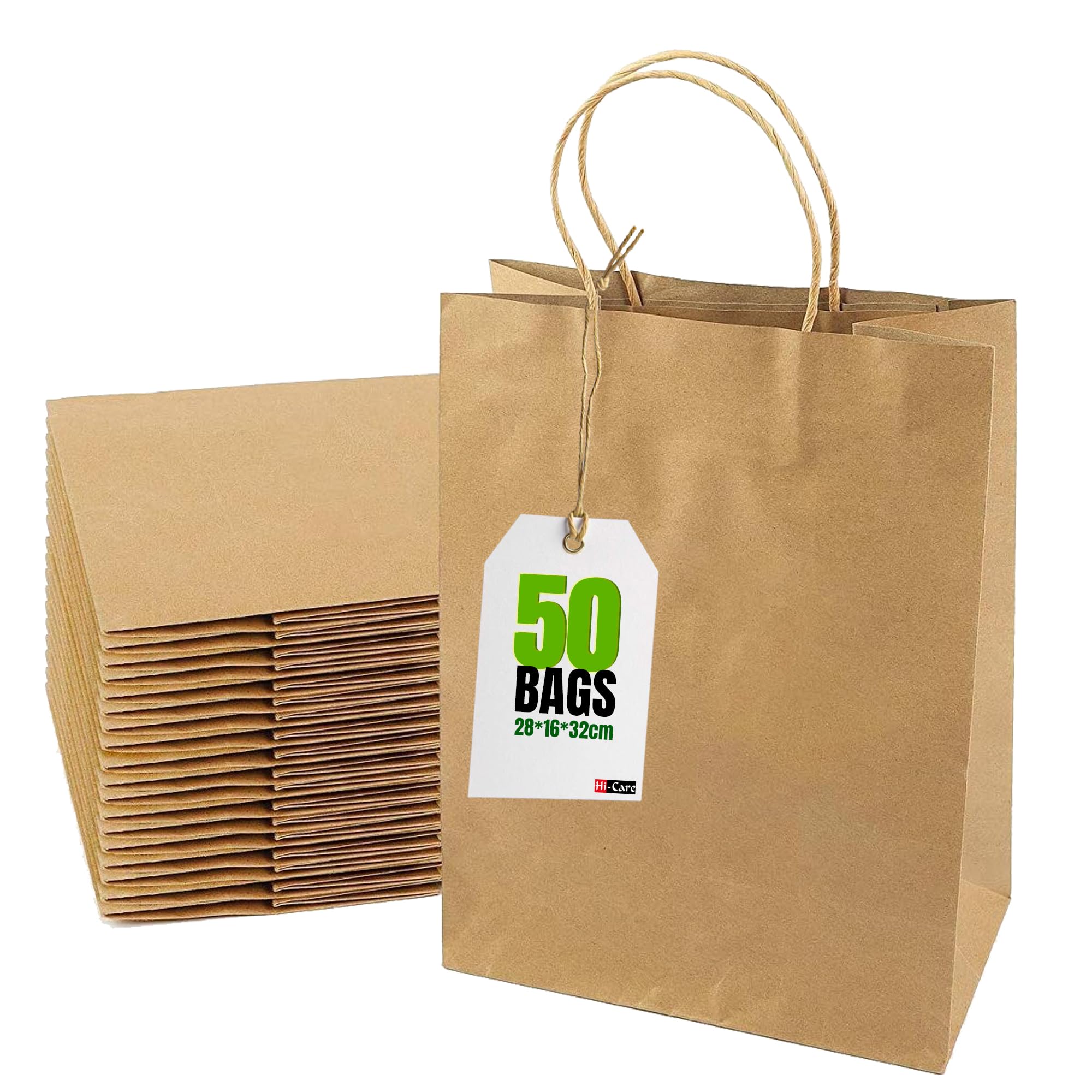 Hi-Care Kraft Paper Bags - 50pcs Brown Gift Bags With Handles 100gsm ...