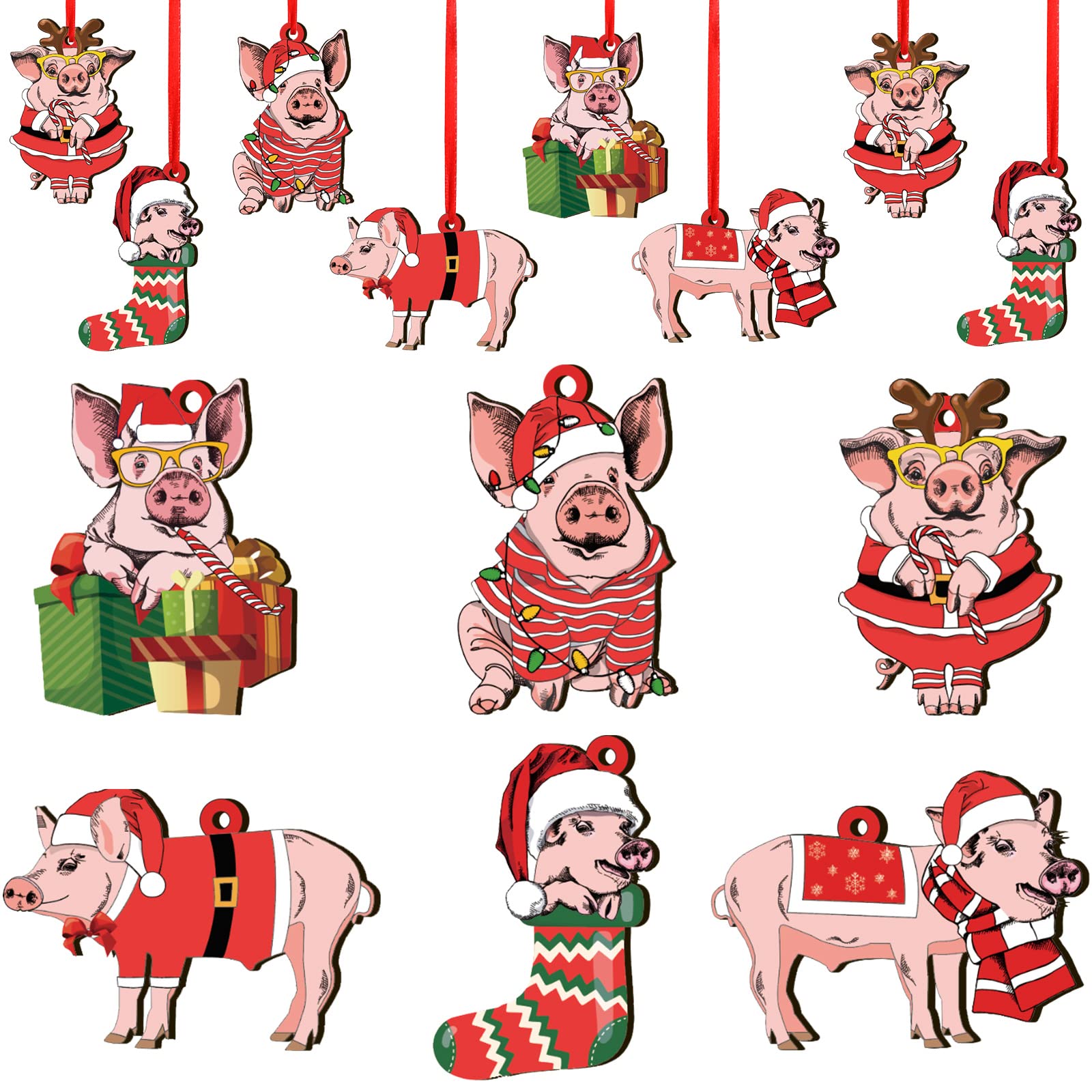 Amazon.com: 36 Pieces Christmas Pig Ornaments Wooden Hanging Pig ...