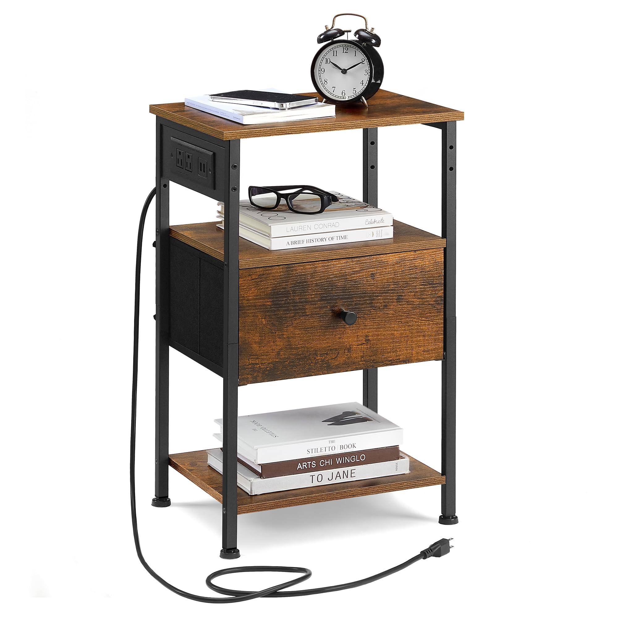 Amazon.com: VASAGLE Nightstand with Charging Station, Night Stand, Side ...