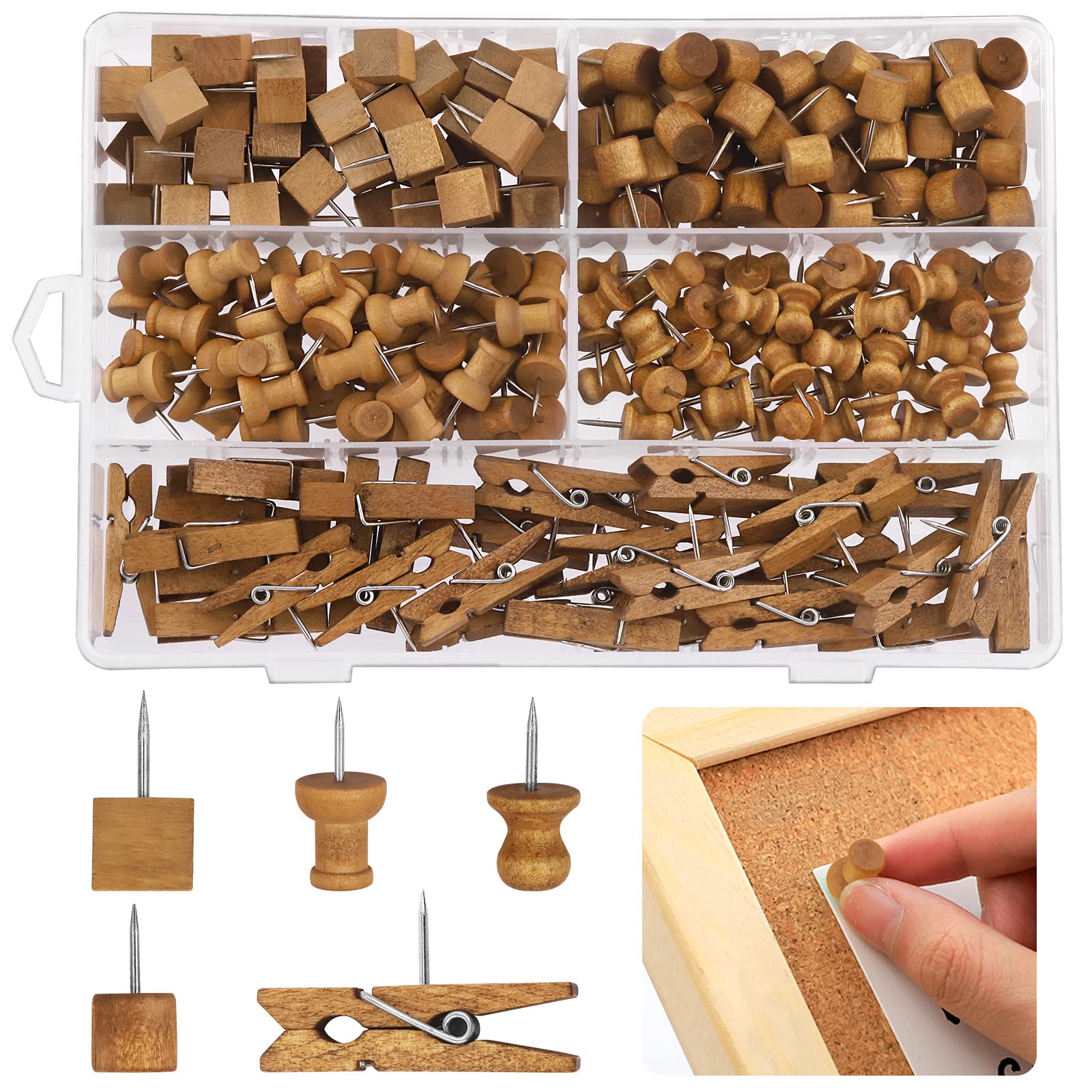Decorative 250 Pcs Wooden Push Pins Set - 5 Style Thumb Tacks For Cork ...