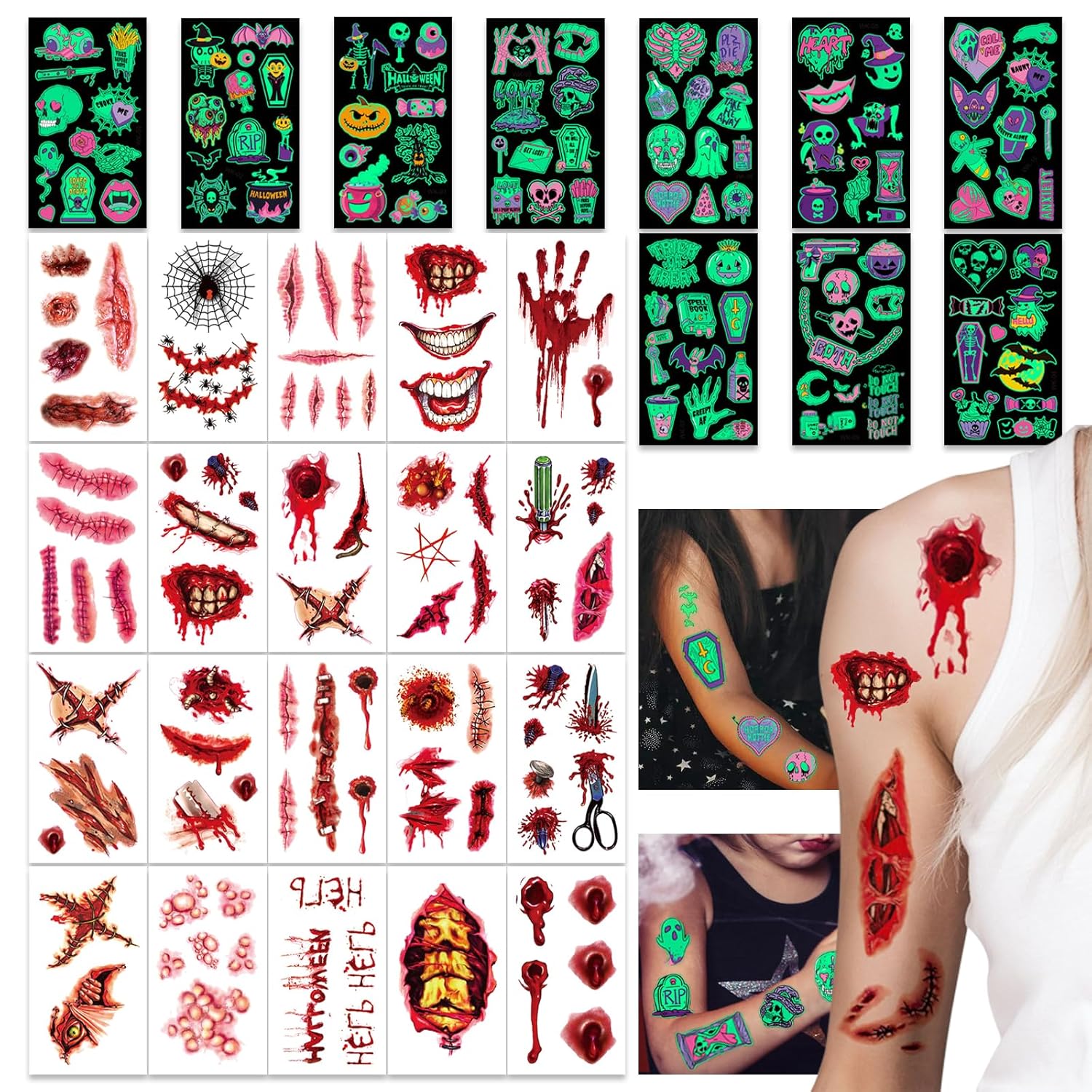 Amazon.com : Bumnay 30 Sheets Halloween Tattoo Stickers, Glow in Dark ...