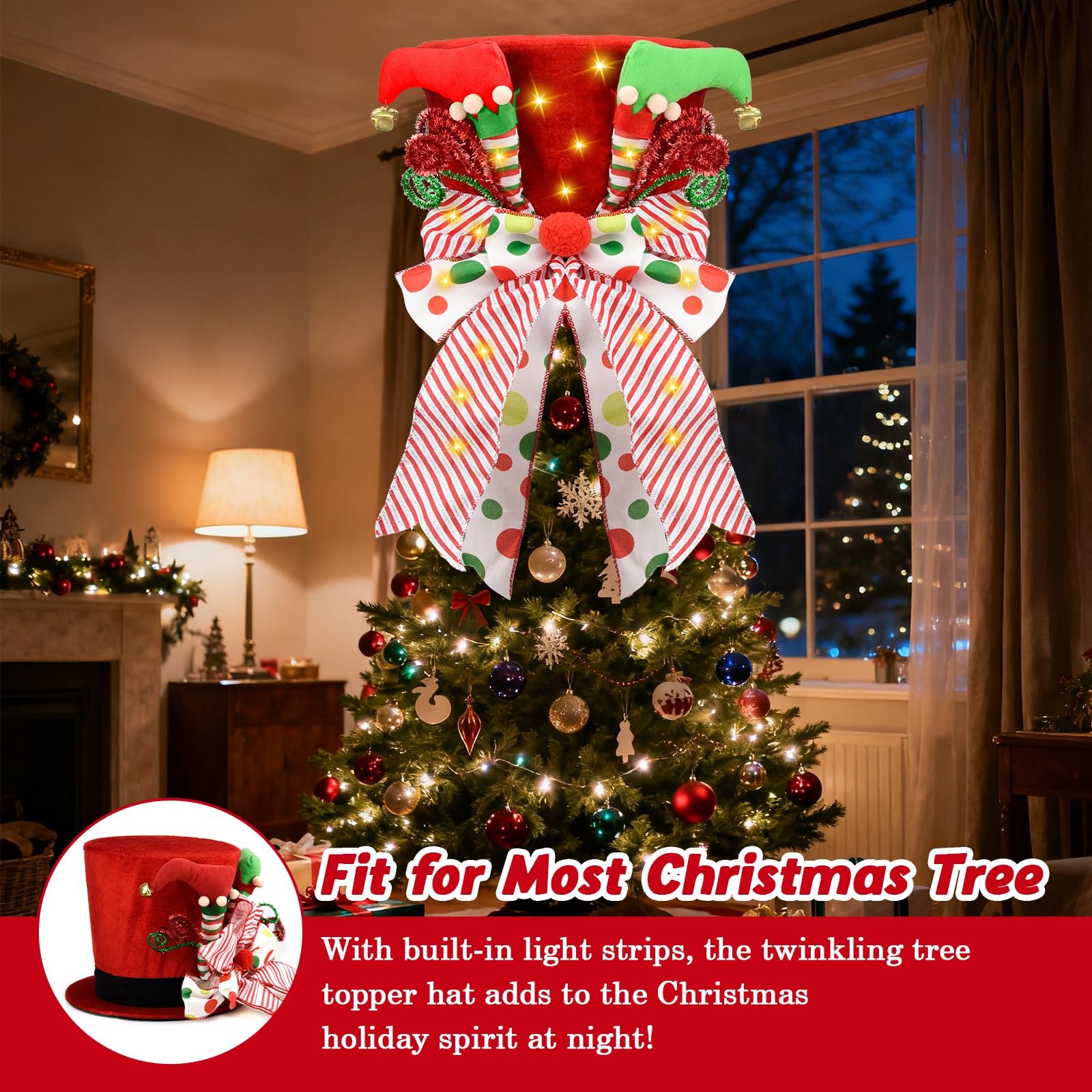Snapklik.com : Christmas Tree Topper Hat Lighted, Large Red Bow ...