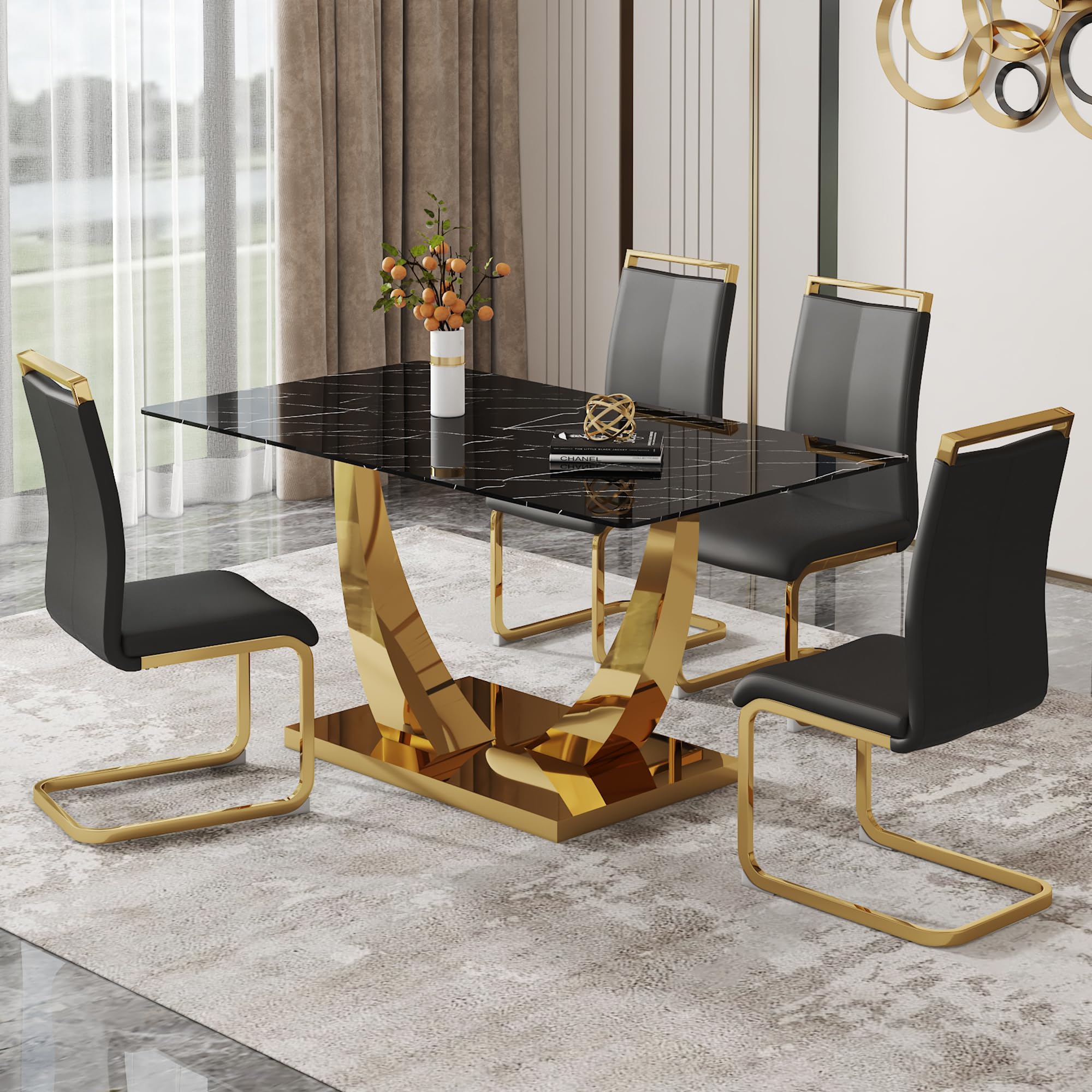 Amazon.com - 63” Dining Room Table Set for 4,Modern Gold Dining Table ...