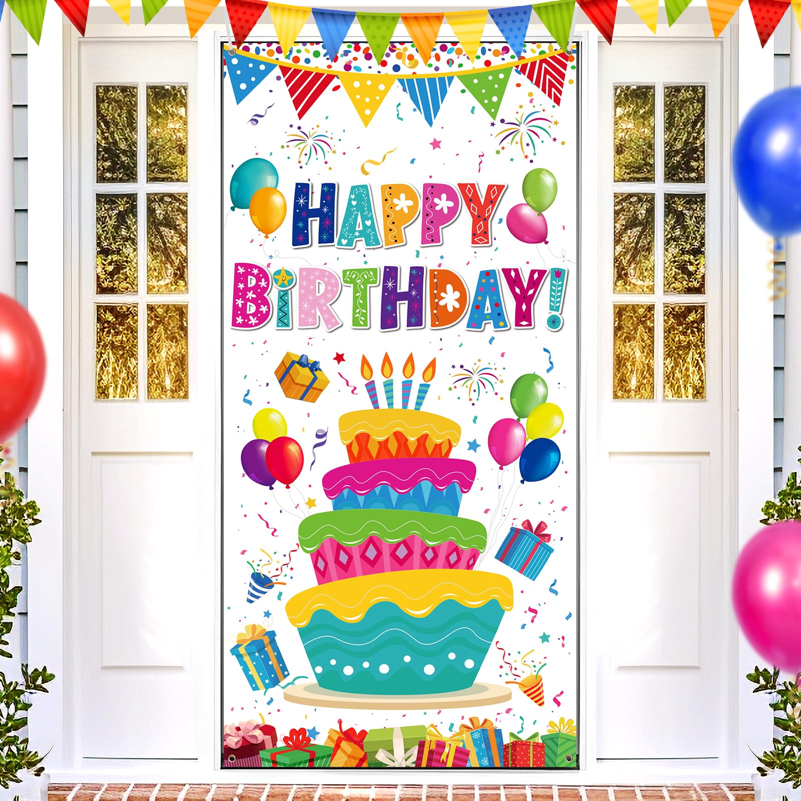 Amazon.com: Colorful Birthday Party Decoration Door Cover Rainbow Happy ...