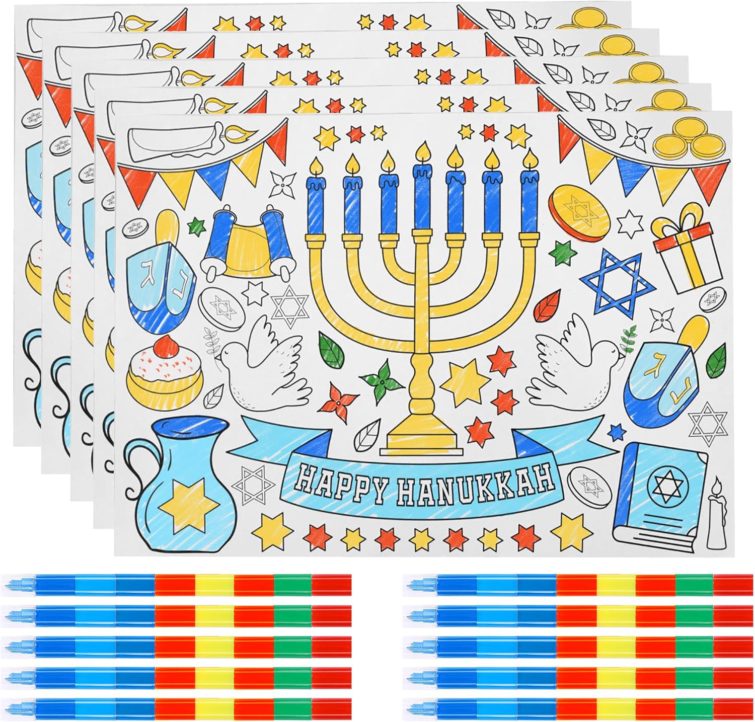 Amazon.com: 30 Sets Crayon Hanukkah Place Mats for Kids Santa Paper ...