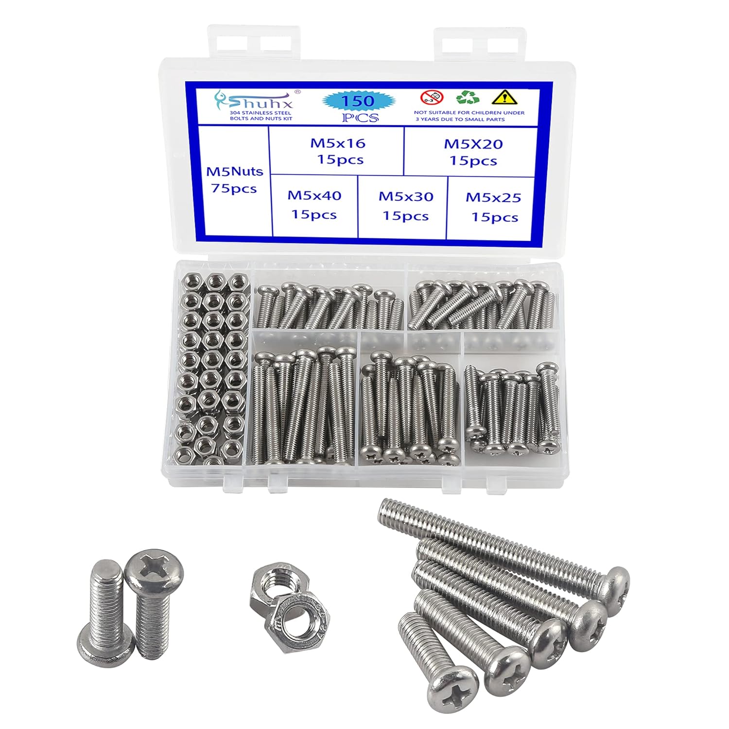 Rshuhx 150PCS M5 Stainless Steel Bolts and Nuts Set - Pan and Round ...