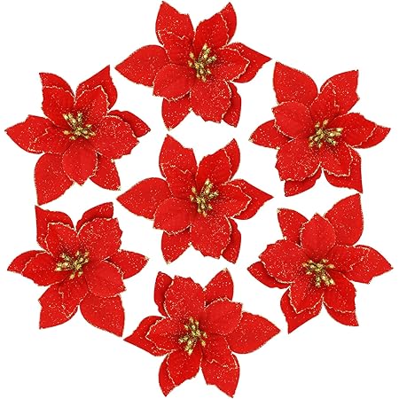 Amazon.com: Nydotd 36pcs Glitter Poinsettia Christmas Tree Ornament ...