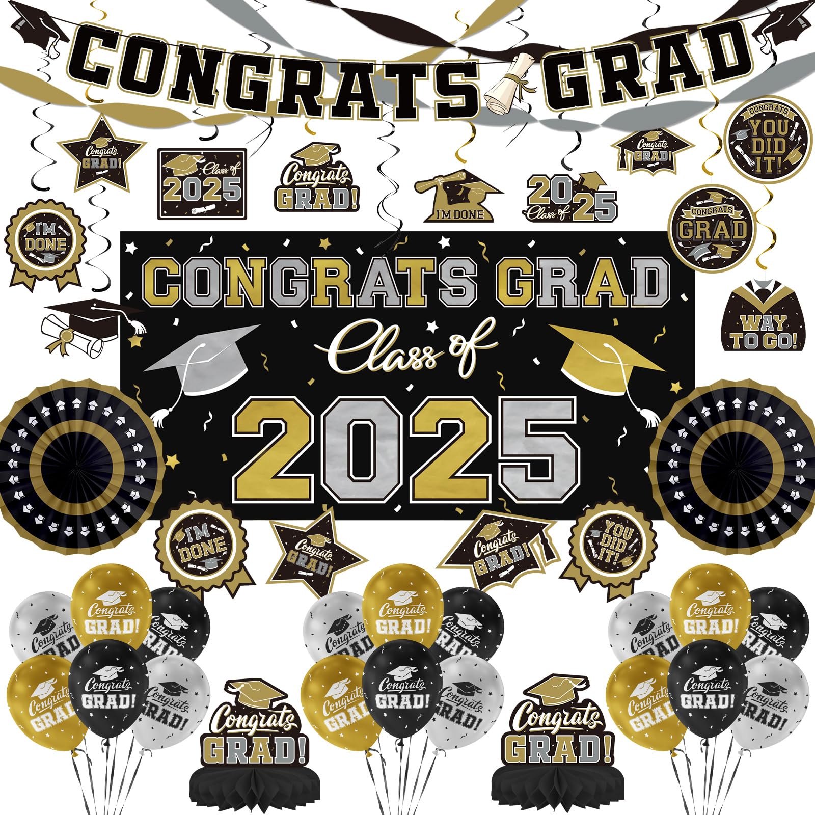 Amazon.com: Black and Gold Themed 2025 Graduation Decorations Set ...