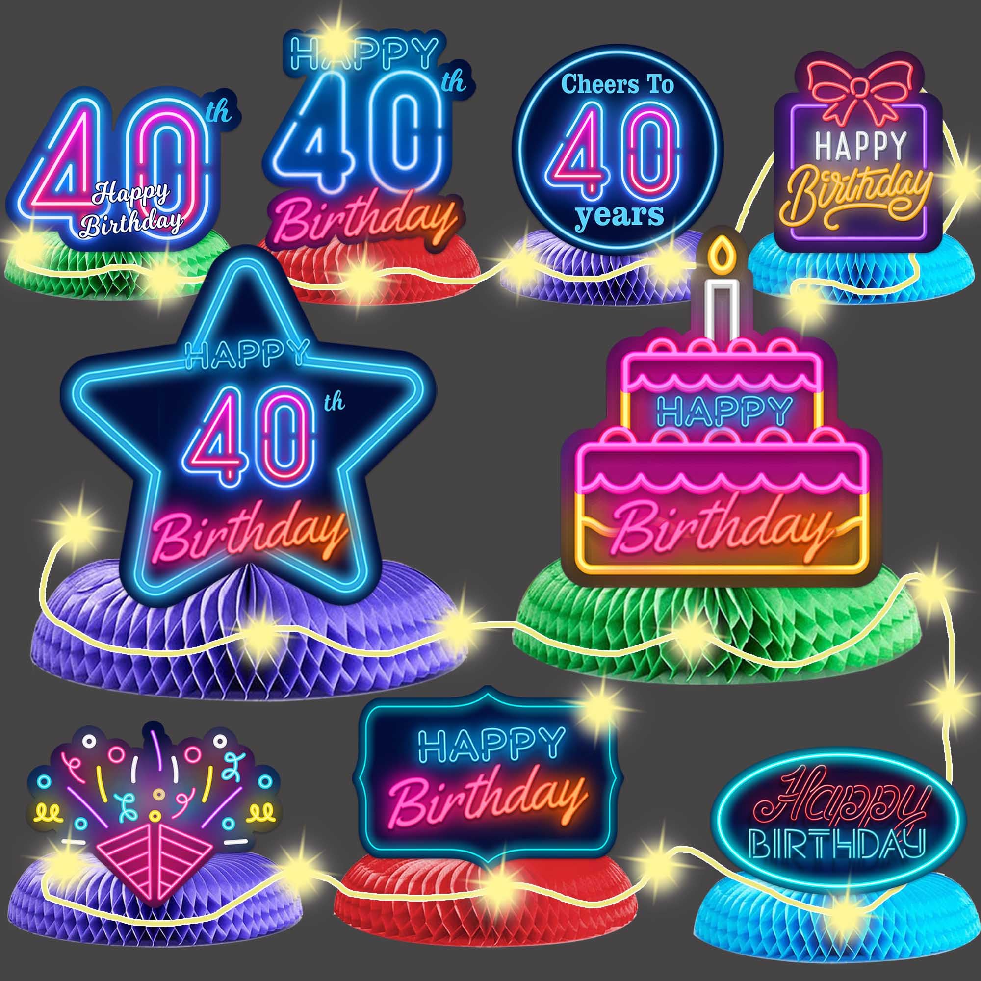 Amazon.com: Happy 40th Birthday Neon Glow Theme Table Honeycomb ...