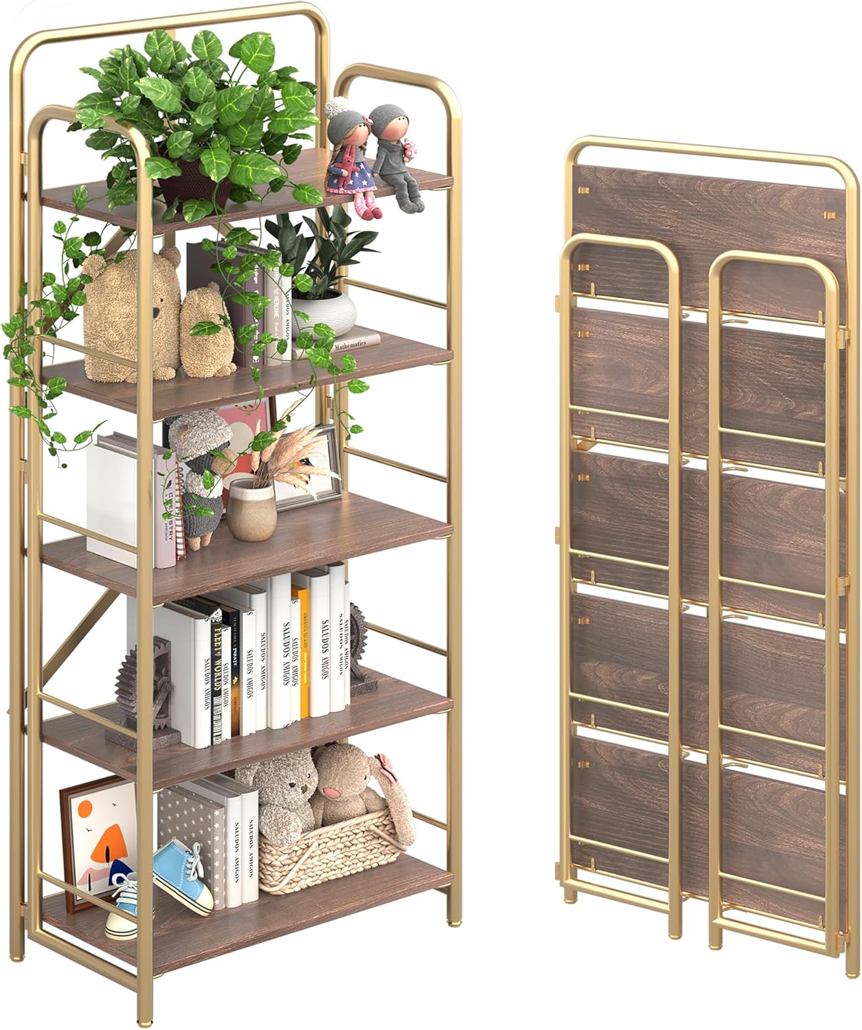 Amazon.com: 4NM No Assembly Folding Bookshelf, 5 Tier Vintage ...