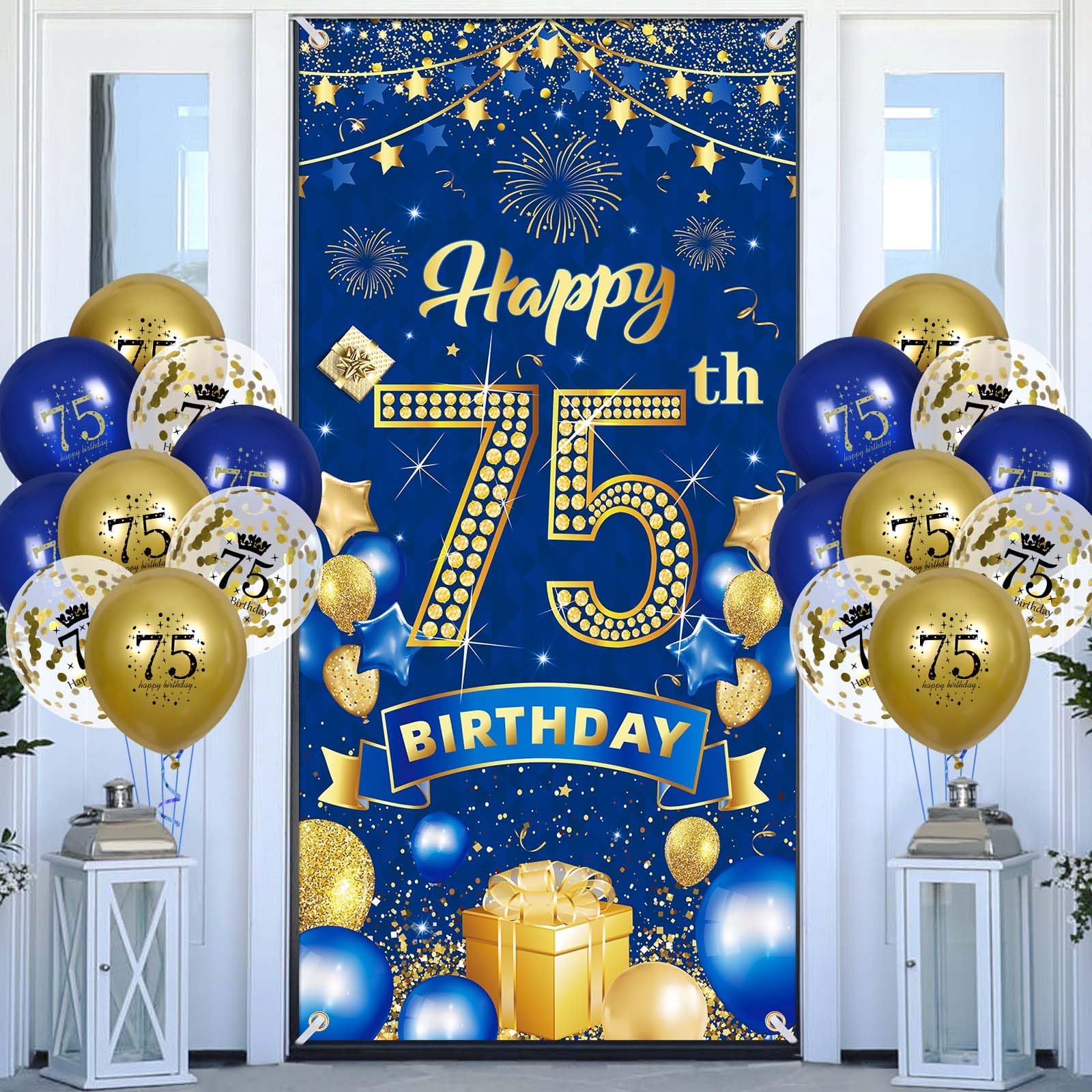 Amazon.com: Nelbiirth Happy 75th Birthday Decorations,75th Blue ...