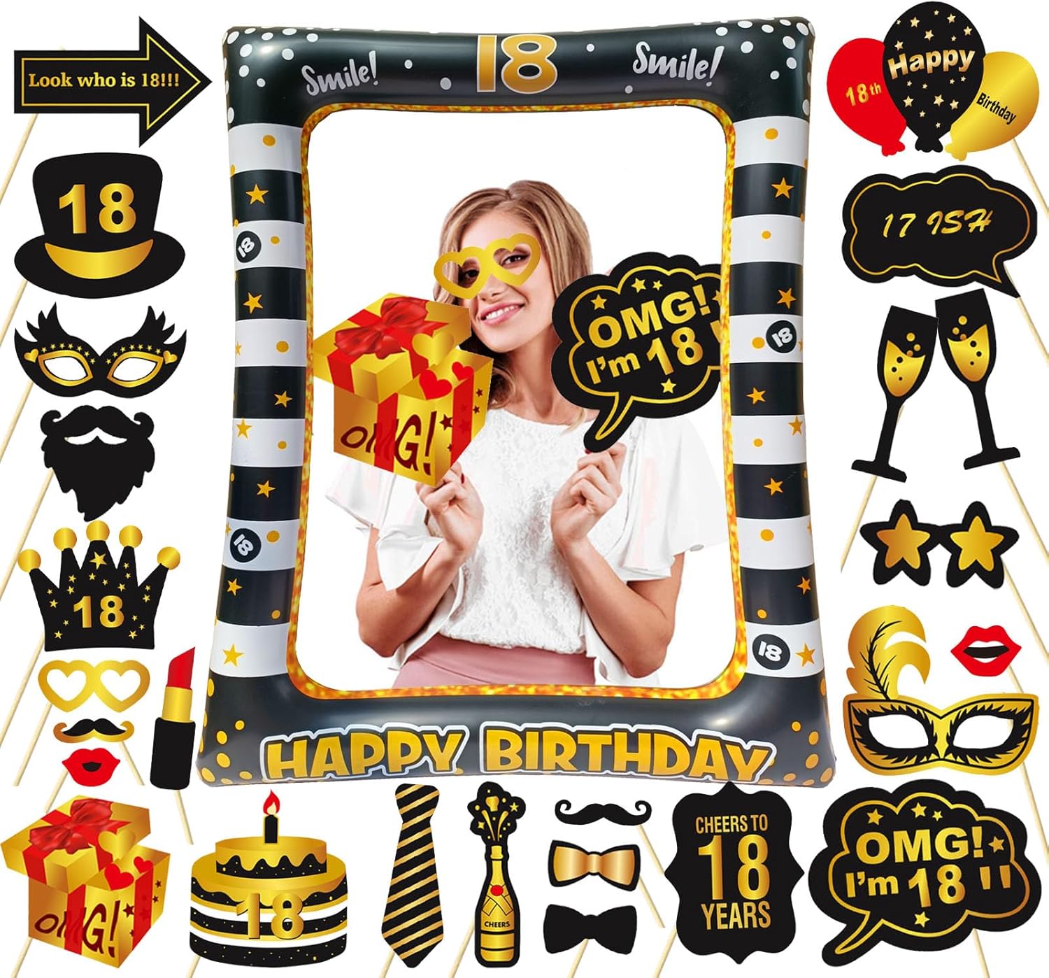 LMSHOWOWO 30PCS 18th Birthday Photo Booth Props, Black Gold Inflatable ...