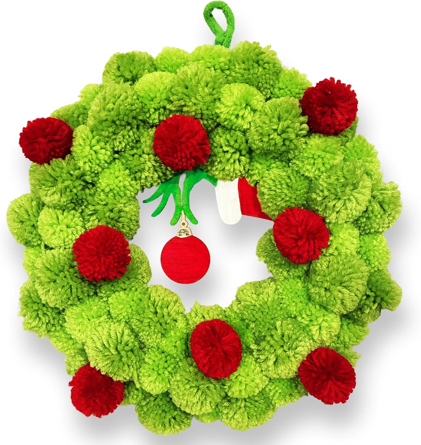 Amazon.com: 13 Inch Christmas Pom-Pom Wreath, Bright Green & Red Fuzzy ...