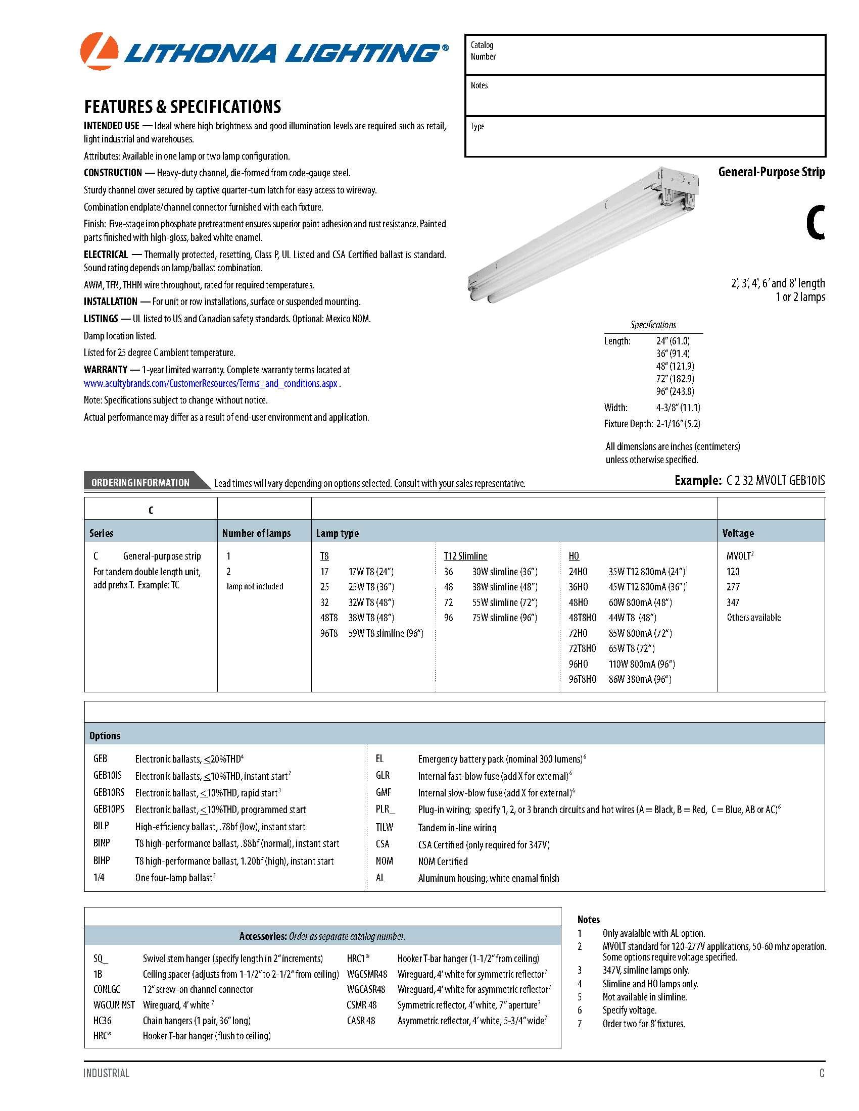 Two-Light T8 C 232 120 GESB Fluorescent Strip Light, 32 watts, 4-feet ...