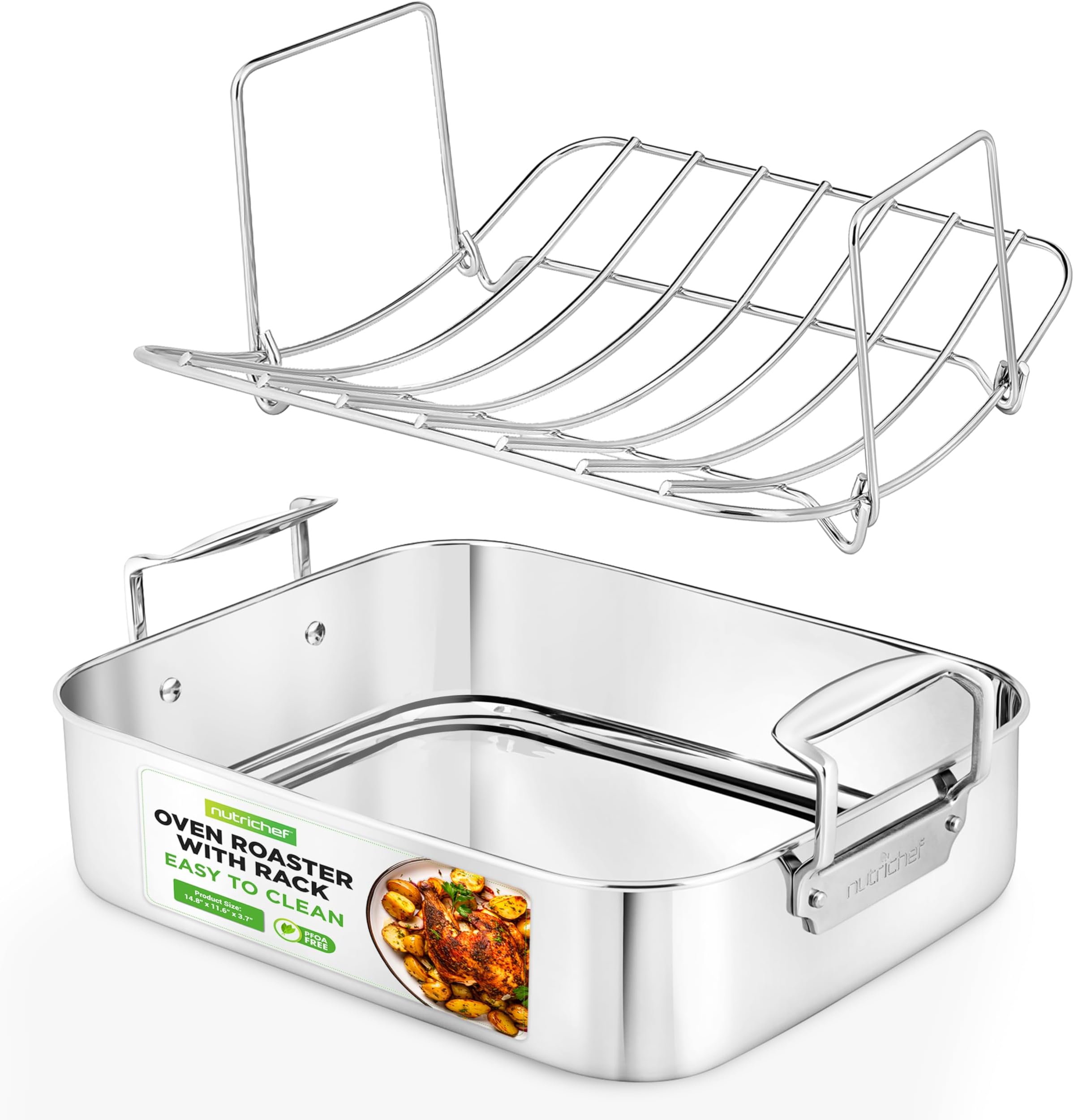 NutriChef Roasting Pan with Polished Rack, Wide Handle, and Stainless ...