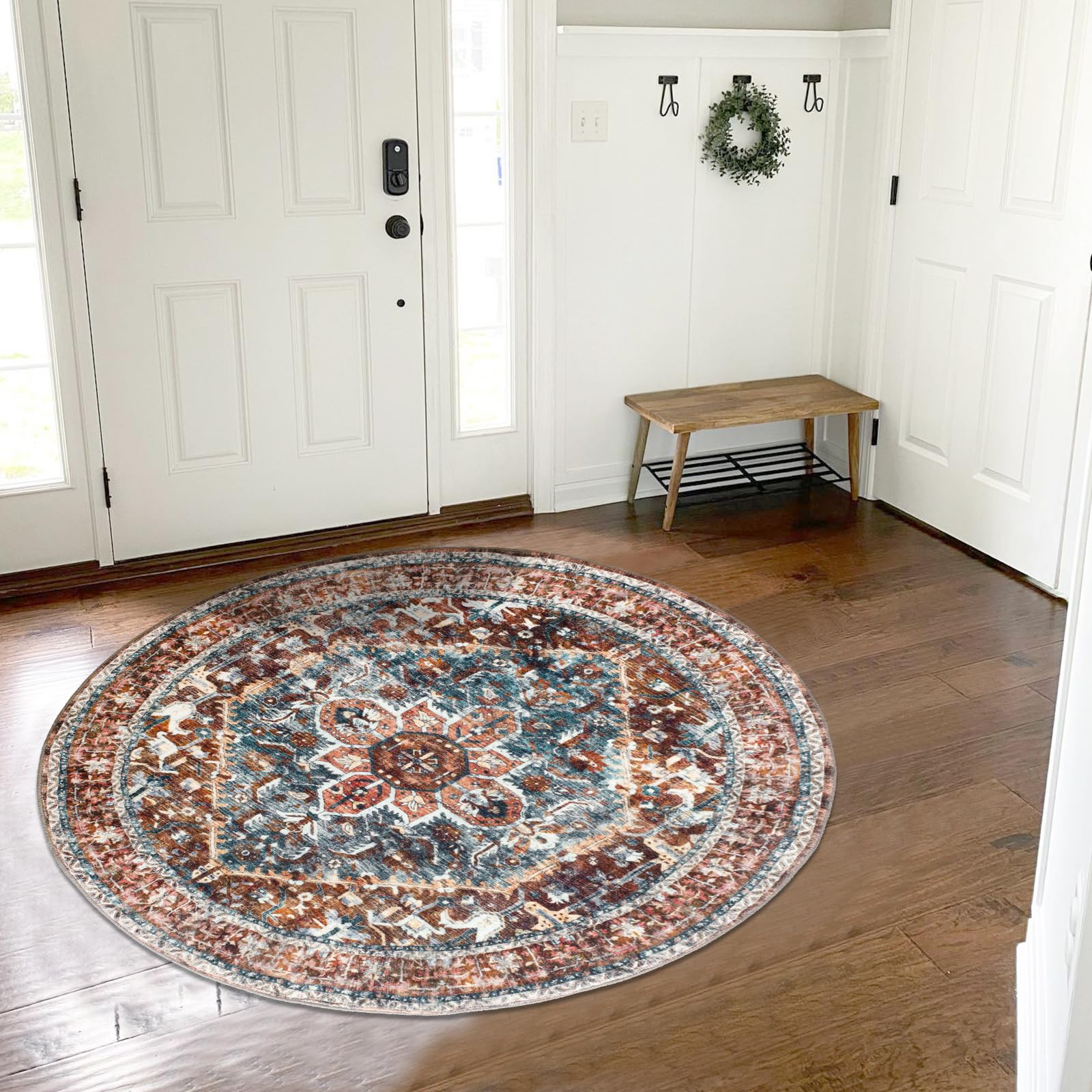 KOZYFLY Washable Round Rugs 3Ft Brown Boho Small Entryway Rug Indoor ...