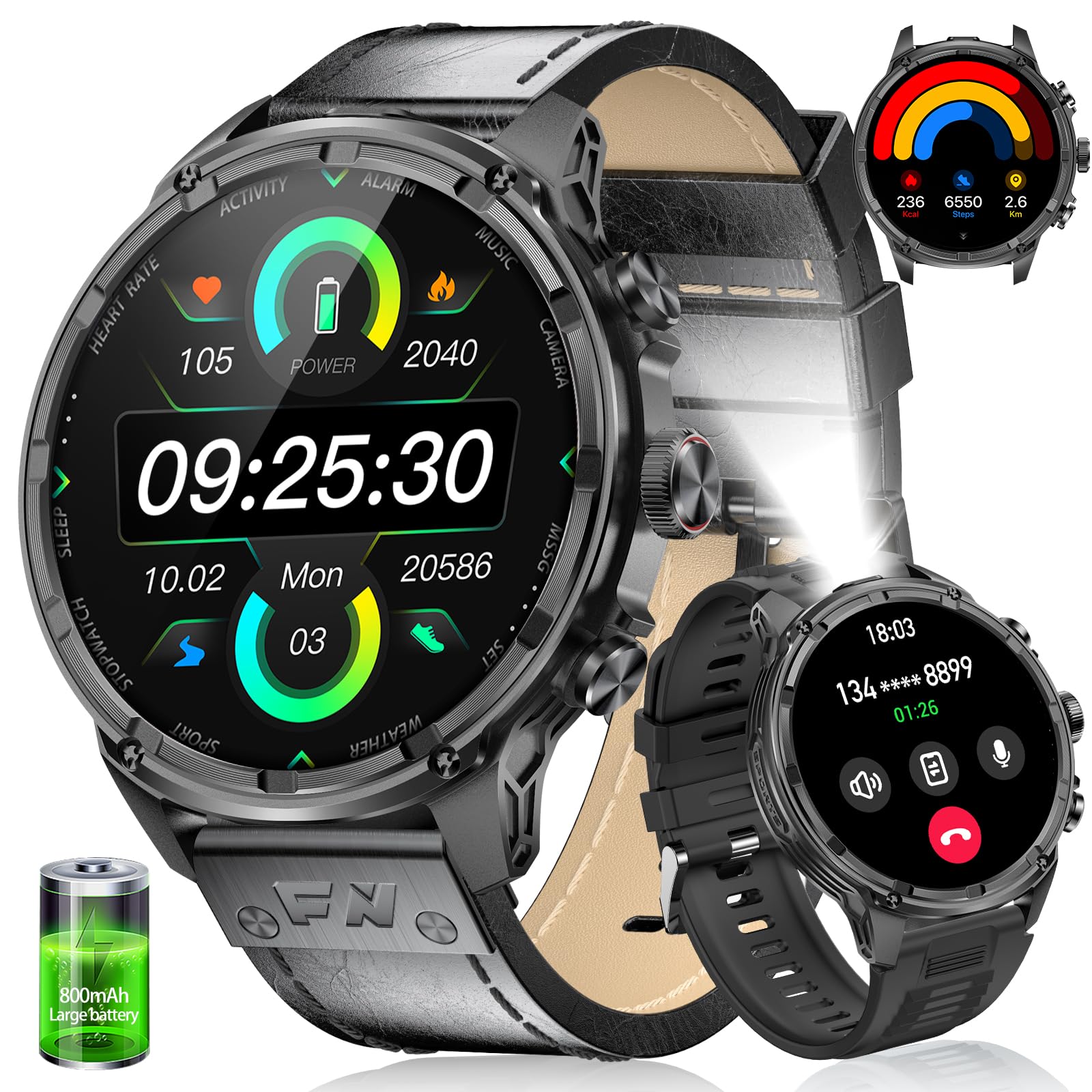 Amazon.com: HIRREO Smart Watch for Men(LED Flashlight), 1.85" Extra ...