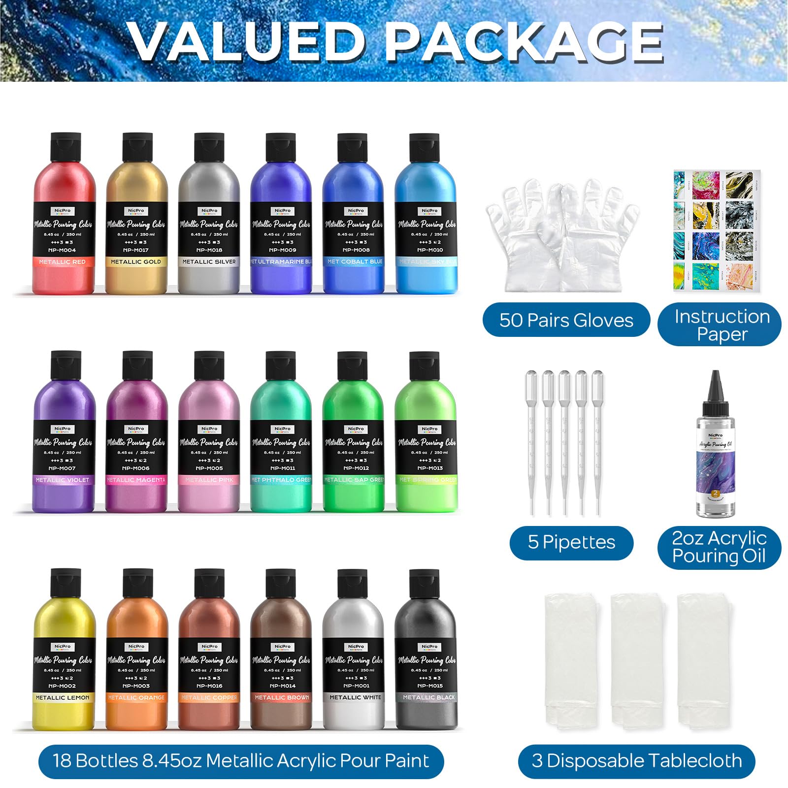 Snapklik.com : Nicpro 18 Colors 8.45oz Metallic Acrylic Pour Paint ...