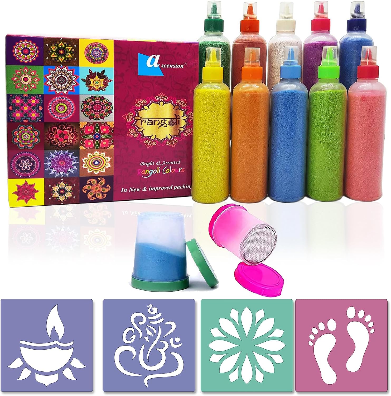Amazon.com: Ascension 10 Rangoli Powder Colors Bottles 4 Stencils and 2 ...