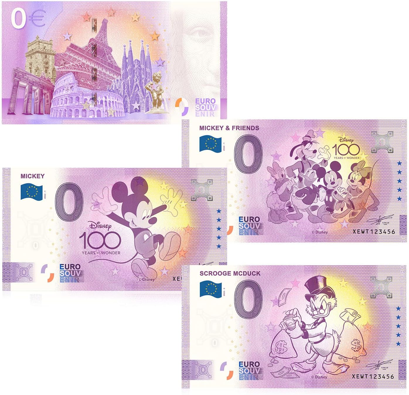Disney 100th Anniversary 0 Euro Banknote Collection - 3 Bank Note ...