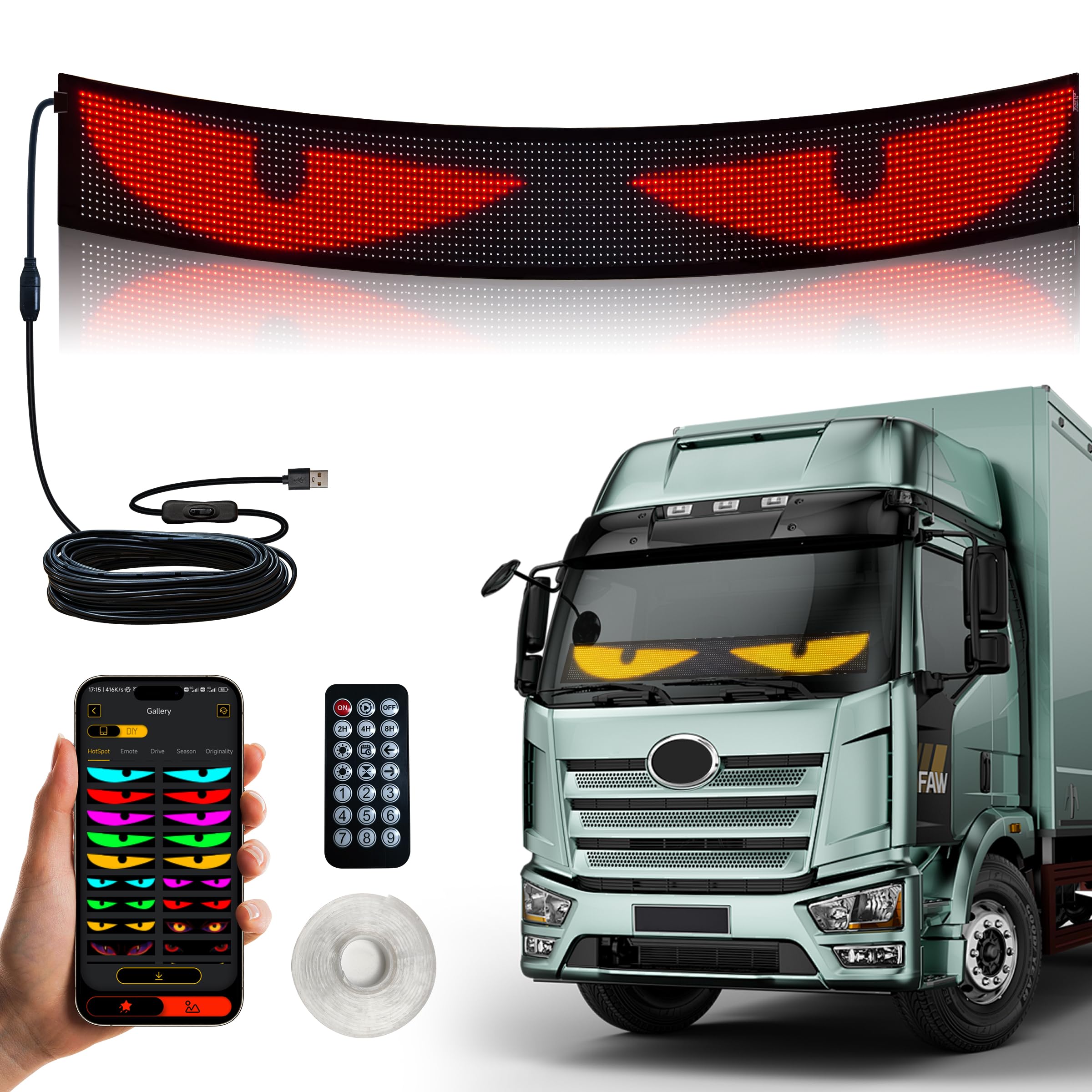 35.35in*7.56in Big LED Eyes for Truck Windshield,Programmable RGB Full ...
