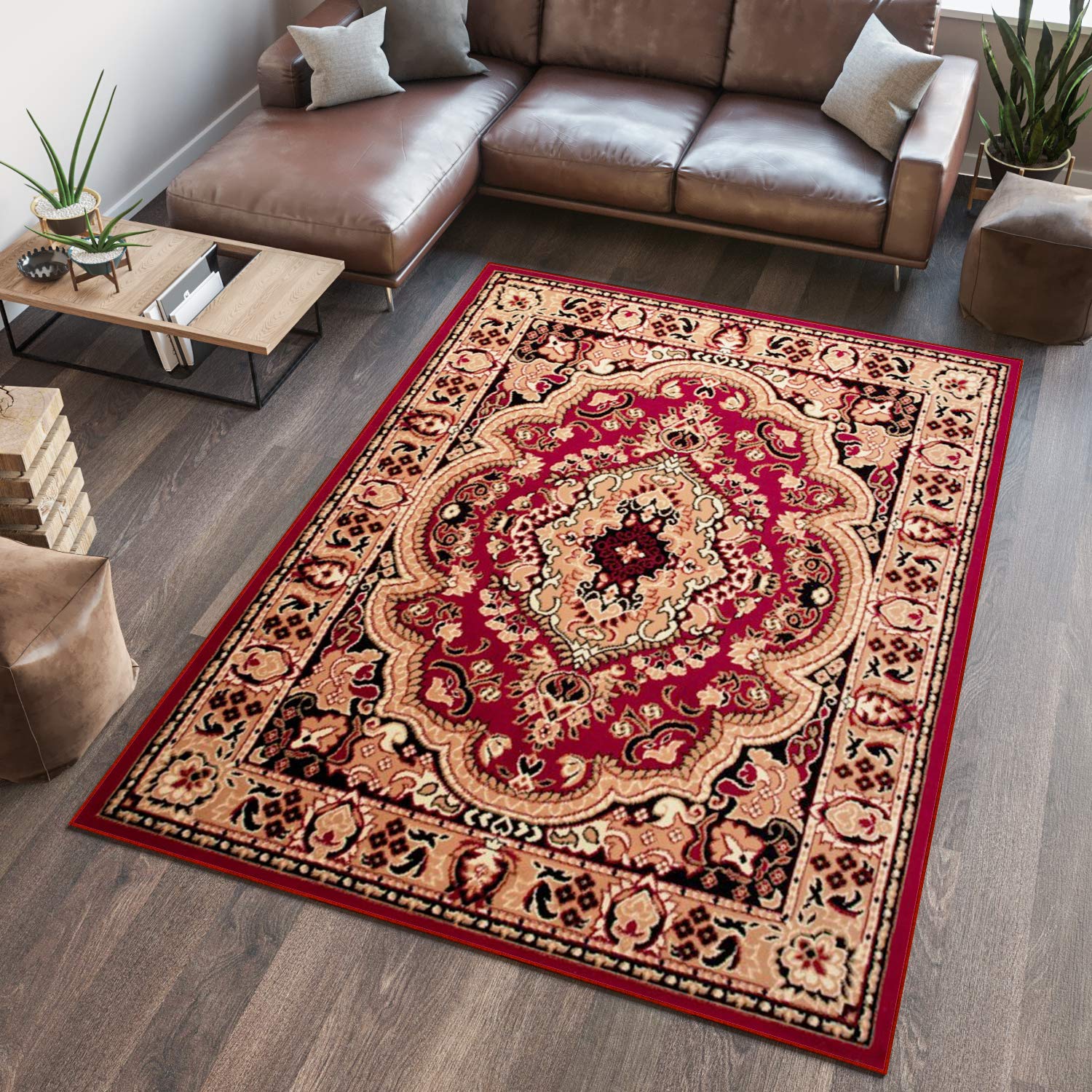 TAPISO Atlas Area Rug Burgundy Red Beige Medallion Frame Traditional ...