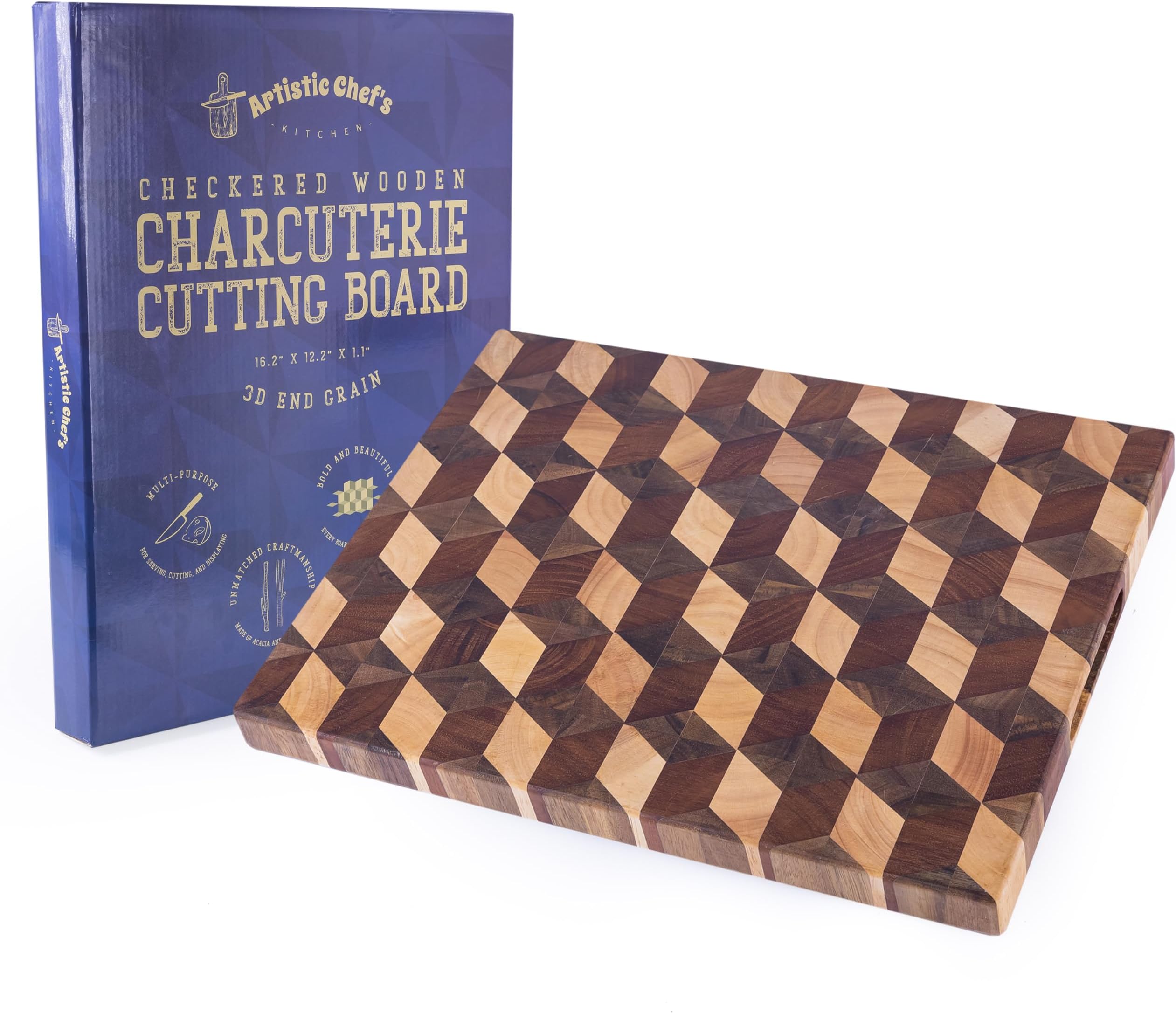 Amazon.com: Handcrafted 3-D Checkered Acacia Wood Cutting Board ...