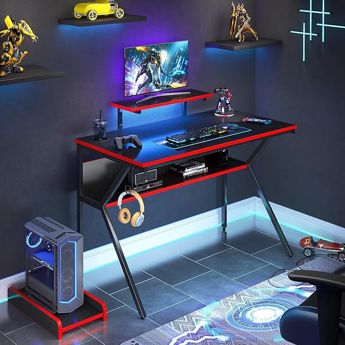Buy Bestier 44" K-Shaped Gaming Desk with Led Light CPU Stand Carbon ...