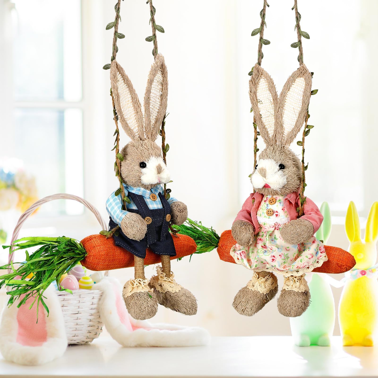 Amazon.com: Lineshading 3 Pcs 13.8 Inches Easter Straw Bunny Figurines ...