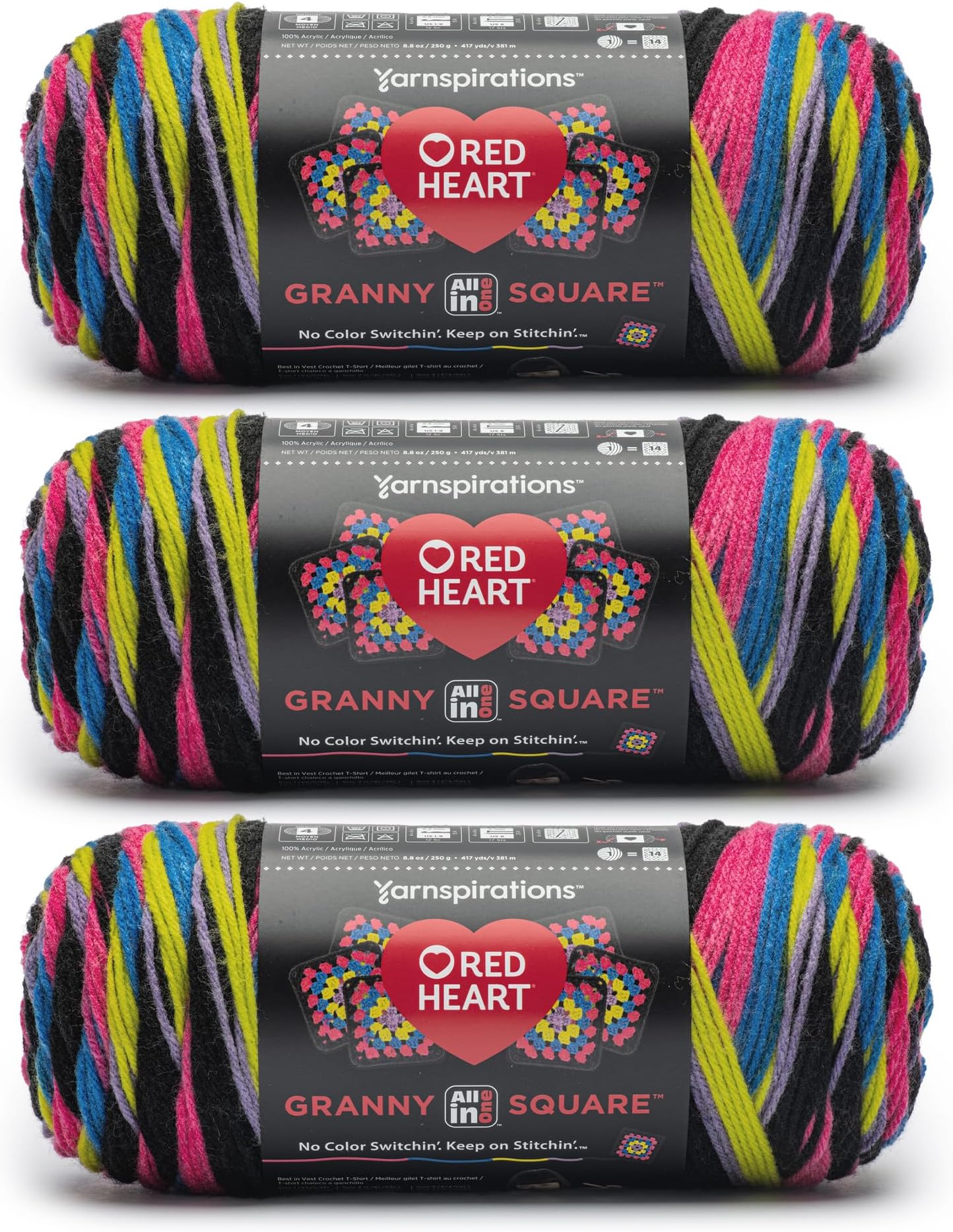 Amazon.com: Red Heart All in One Granny Square Neon Lights 3 Pack of ...