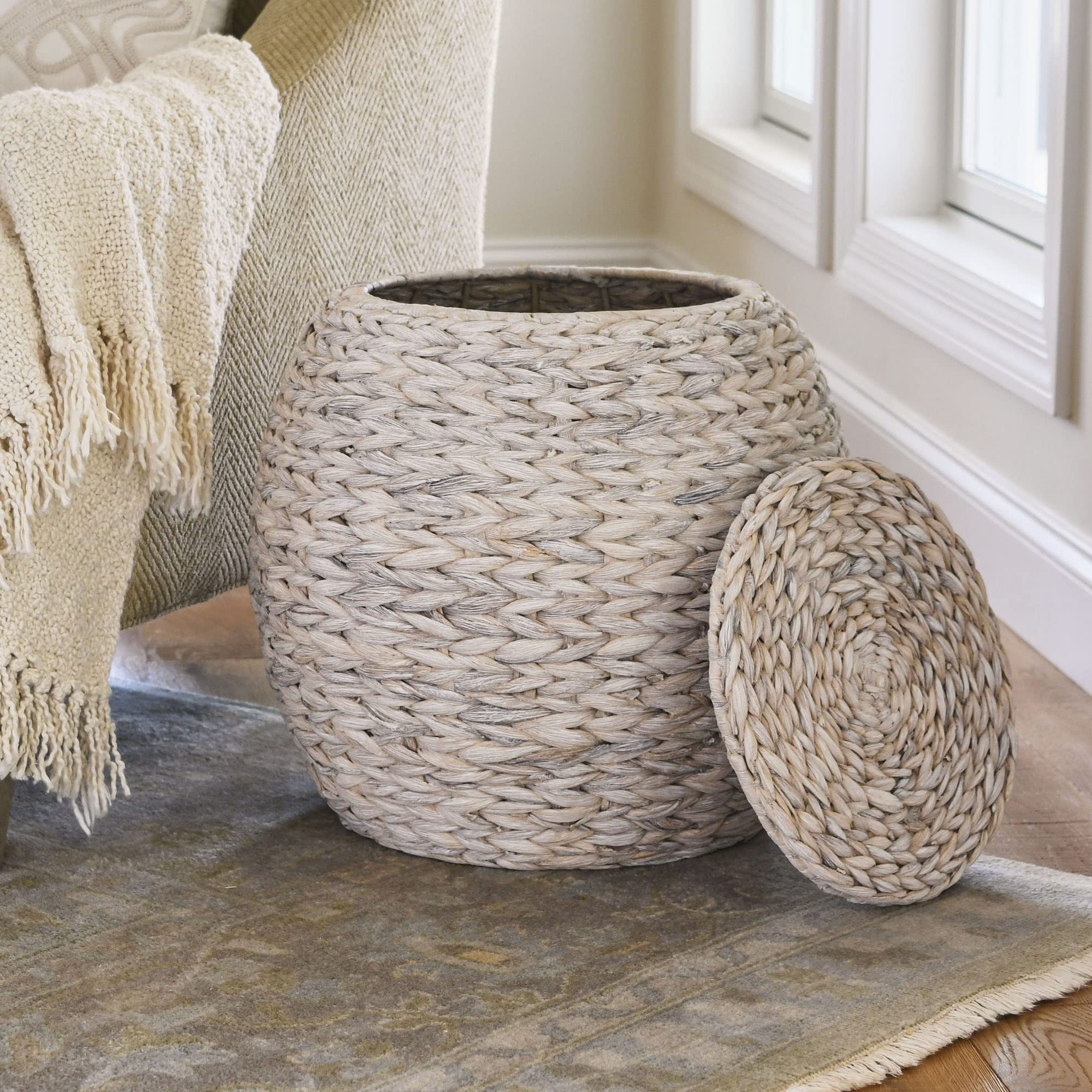 Household Essentials Large Round Woven Wicker Basket Side Table with Removable Lid, 17 Inches ...