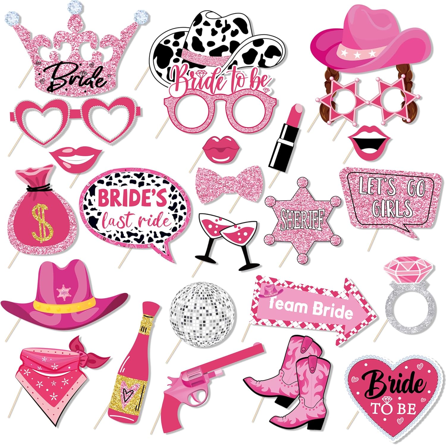 Wylario 25PCS Pink Cowgirl Hen Party Props - Photo Booth Accessories ...