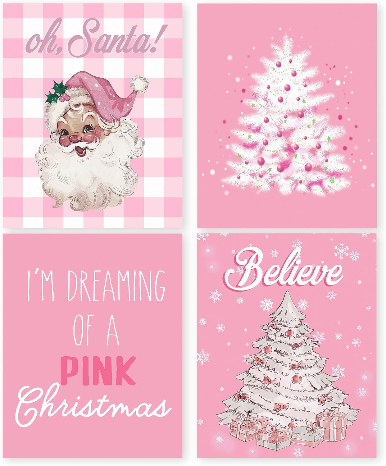 Amazon.com: HRQKO Pink Christmas Santa Wall Art Poster Set of 4, Oh ...