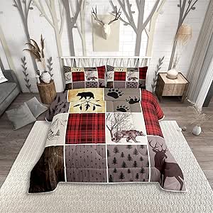 Amazon.com: Hunting Bear Deer Bedding Set For Kids,Retro Rustic Cabin Comforter Set Queen Size ...