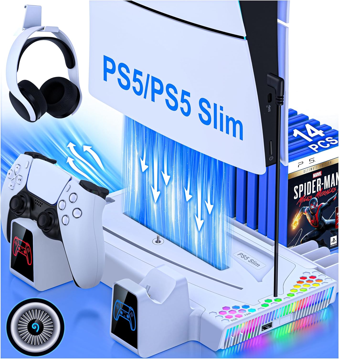 HELLCOOL PS5 Slim Ständer mit PS5 Lüfter, PS5 Slim Standfuß für Alle PS5 Slim/PS5 Disc/Digital ...