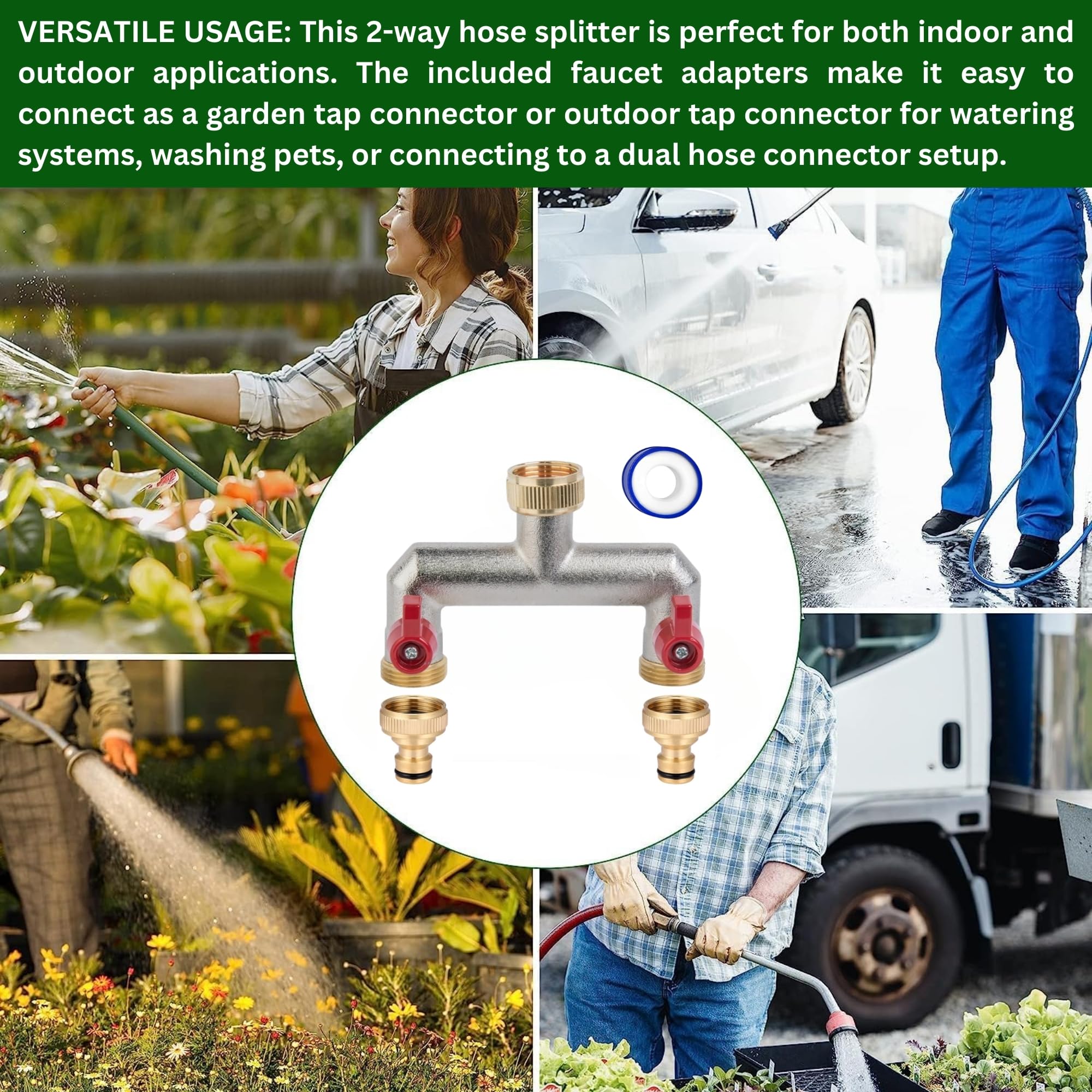 MYPURECORE Brass 2-Way Garden Hose Tap Splitter with 2 Faucet Adapters ...