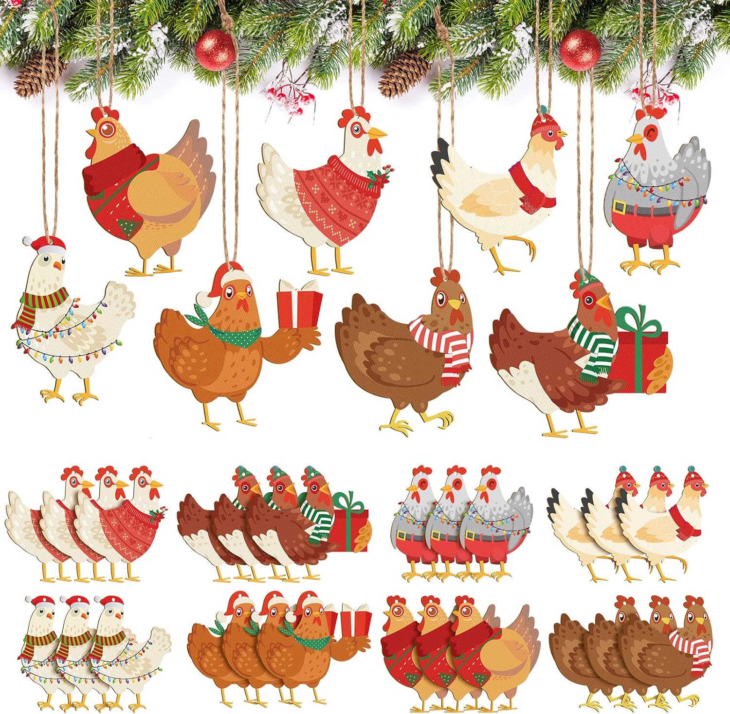 24 Pcs Christmas Chicken Ornament Set Wood Christmas Scarf Chicken ...