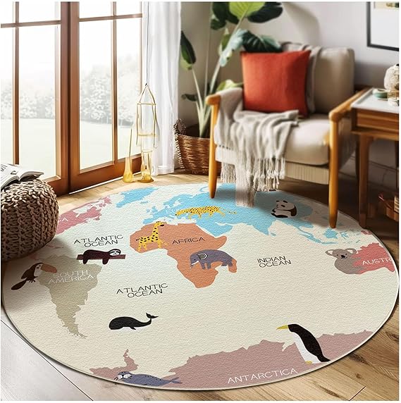 Amazon.com: World Map Play Area Round Rugs 4.6Ft Non-Slip Circle ...