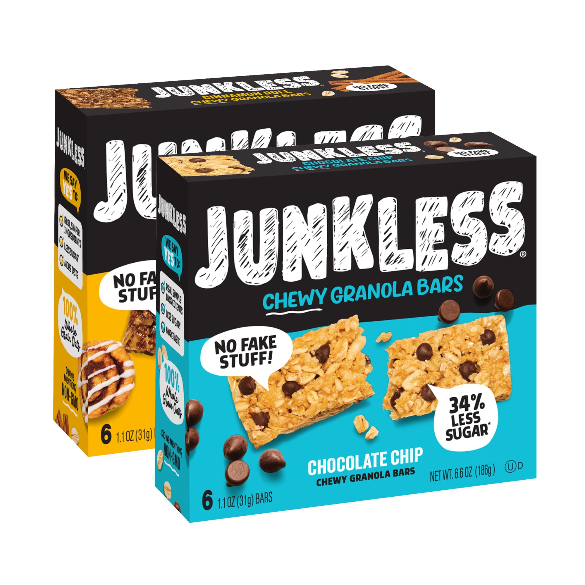 Amazon.com: Junkless Chocolate Chip & Cinnamon Roll Chewy Granola Bars ...