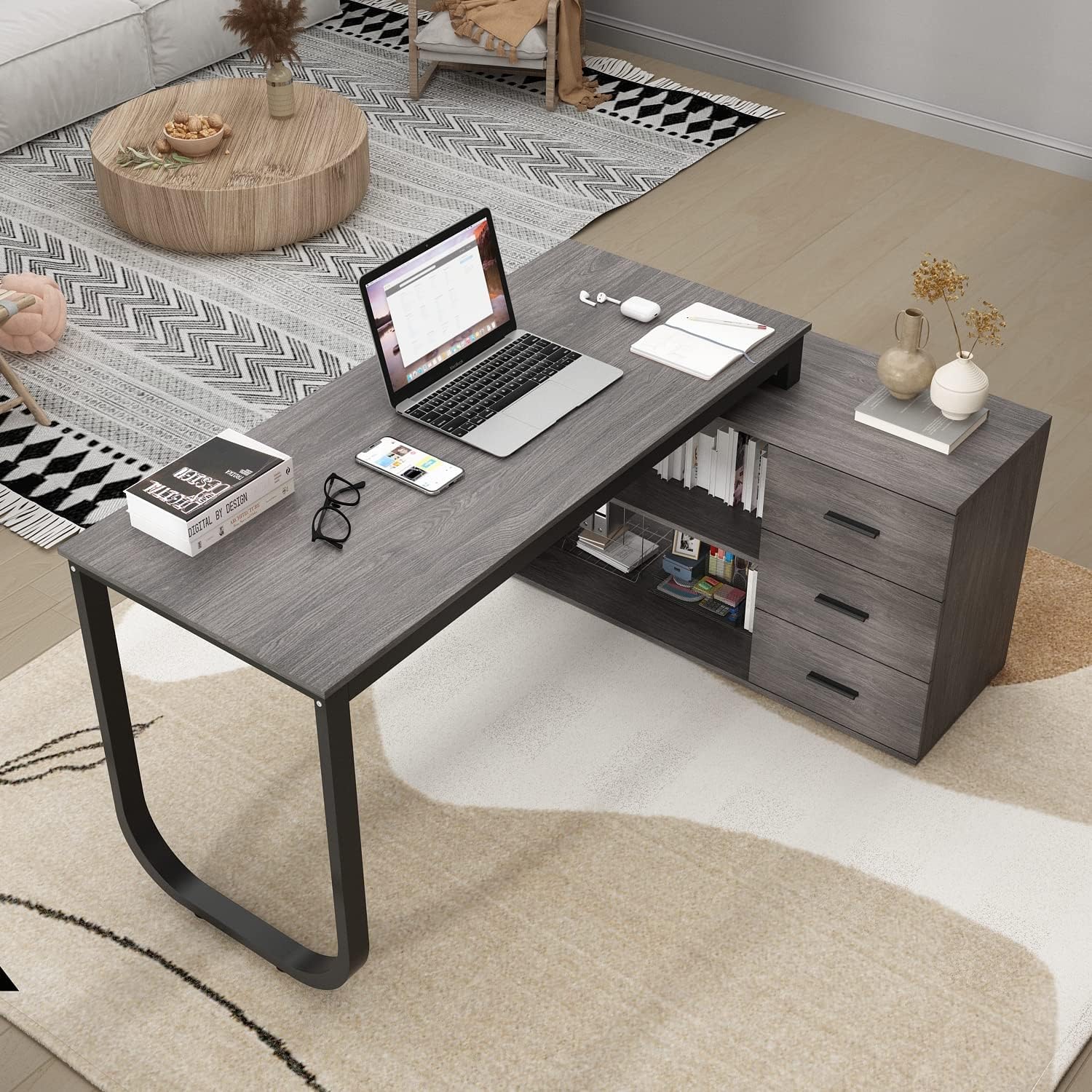 Amazon.com: Homsee Home Office Computer Desk Corner Desk with 3 Drawers ...