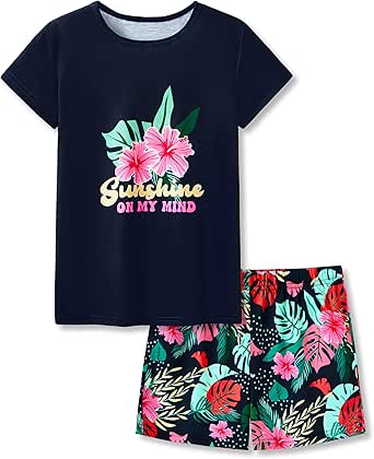 Amazon.com: Beezizac Tropical Black Flower & Palm Leaves Pajamas for Girls Tween Clothes Short ...