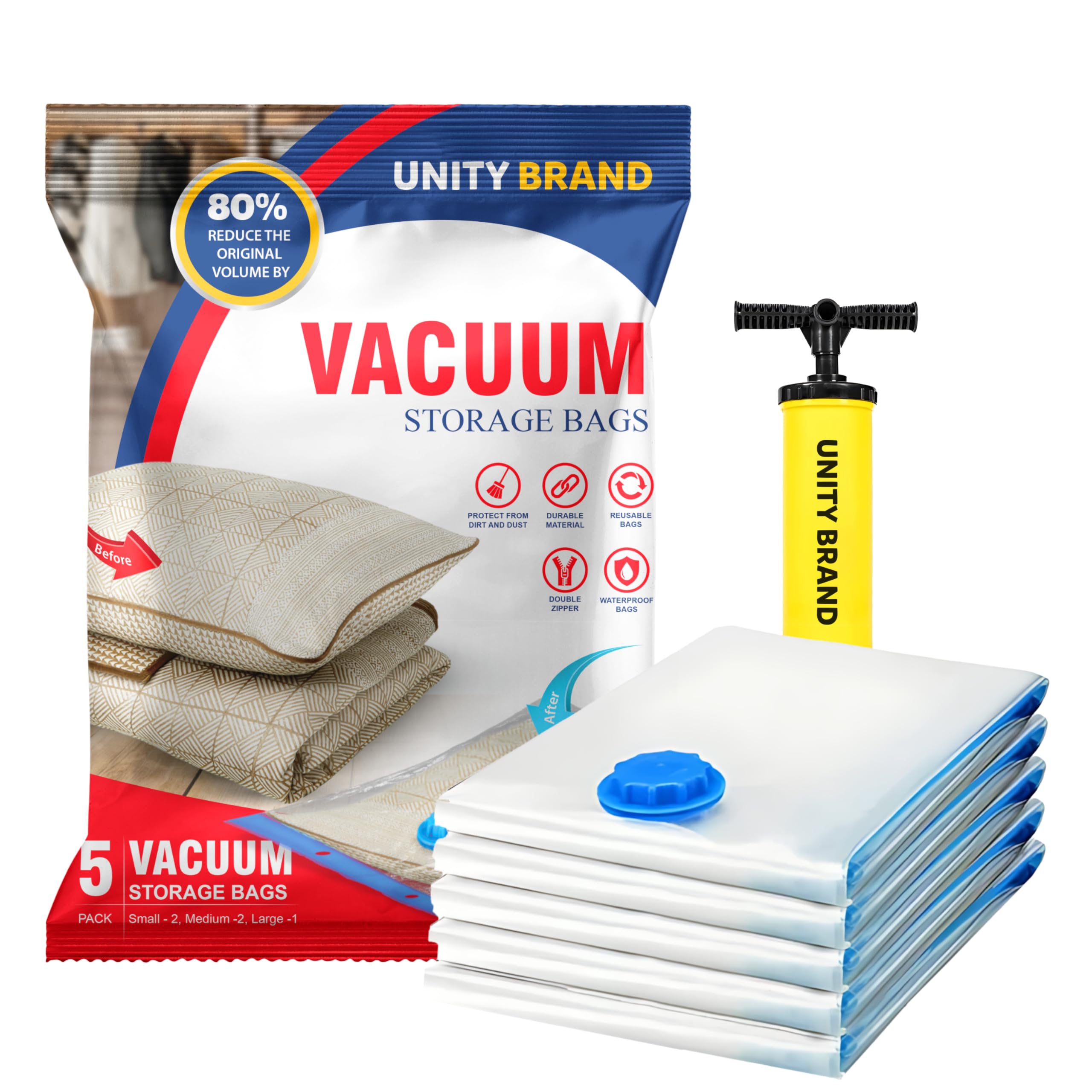 Unity Brand 5 Pack Vacuum Bags for Travel with Hand Pump Airtight ...