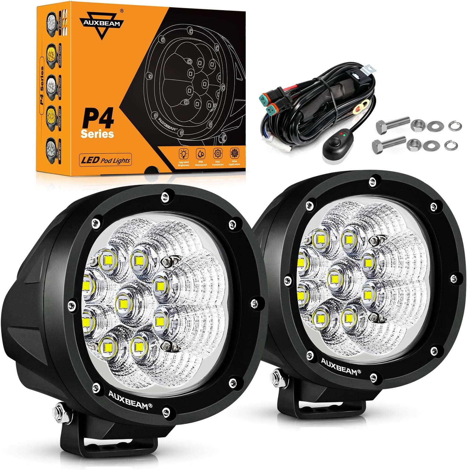 Amazon.com: Auxbeam 4 Inch 90W LED Flood Lights Round Offroad Lights ...