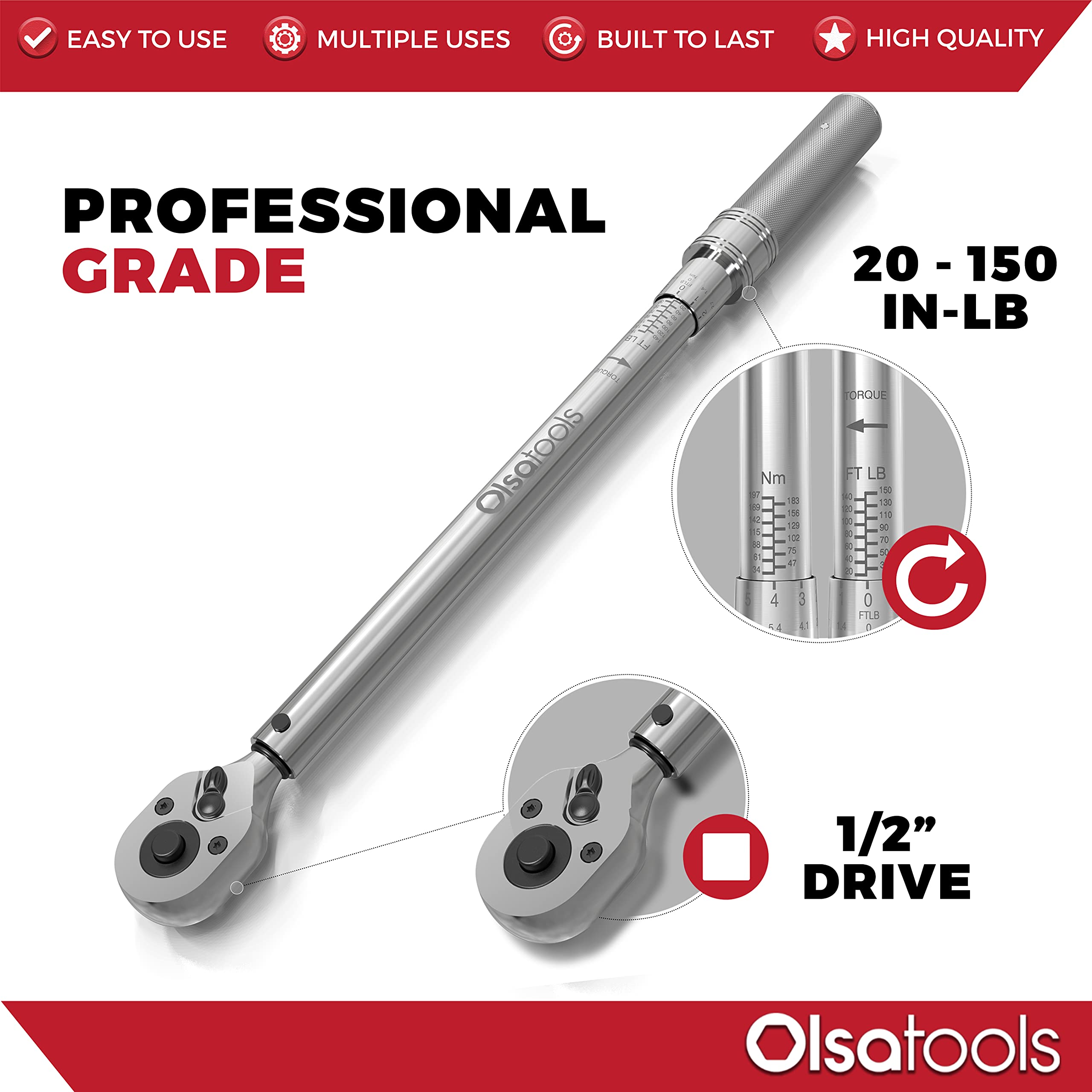 Olsa Tools Click Torque Wrench, 1/2-Inch Drive (20-150 ft-lb Torque ...