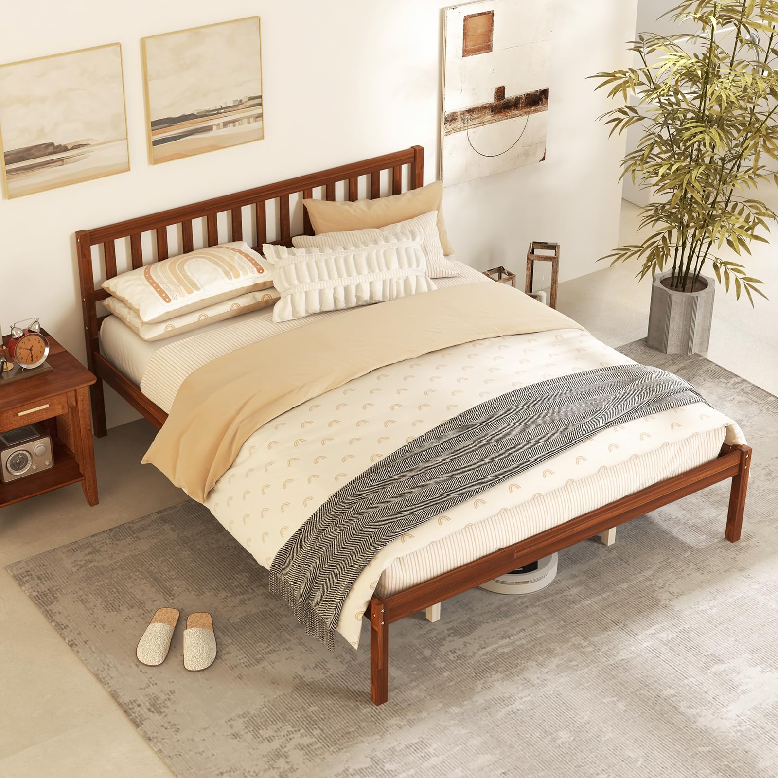 Amazon.com: KOMFOTT Queen Size Wood Platform Bed Frame with Headboard ...