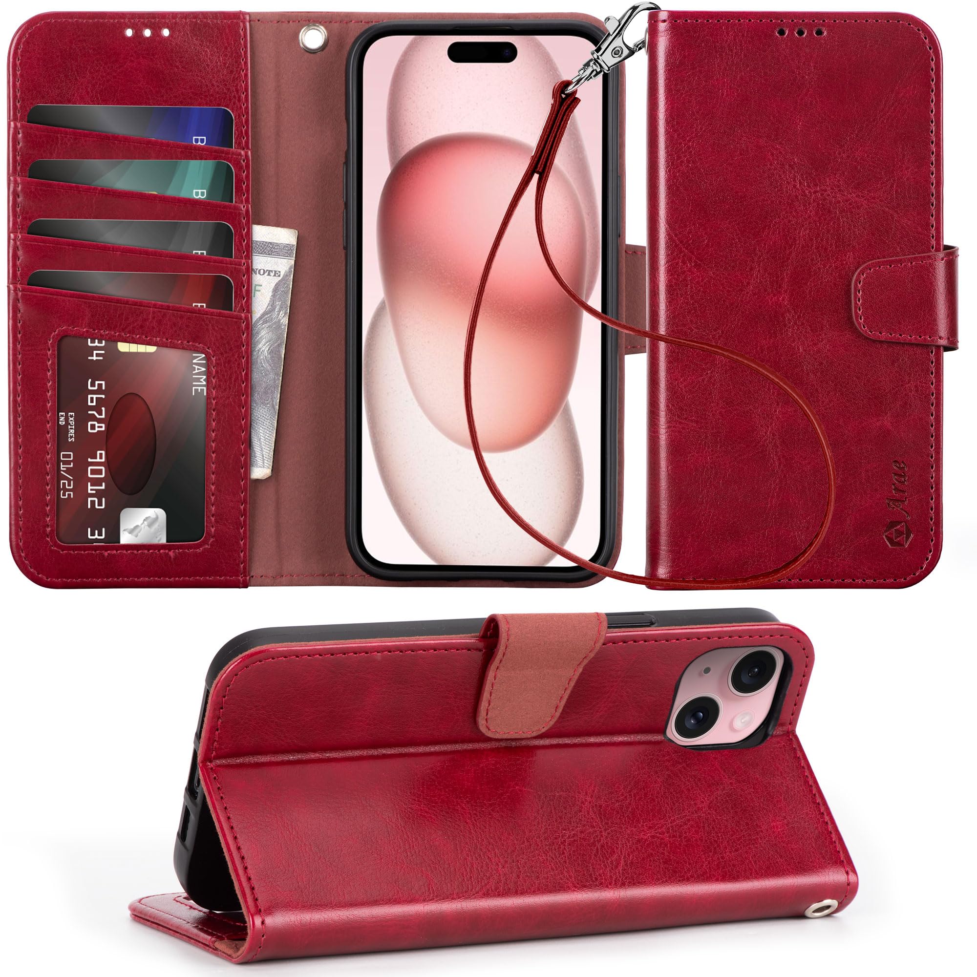 Amazon.com: Arae Compatible with iPhone 15 Plus Case with Card Holder and Wrist Strap Wallet ...