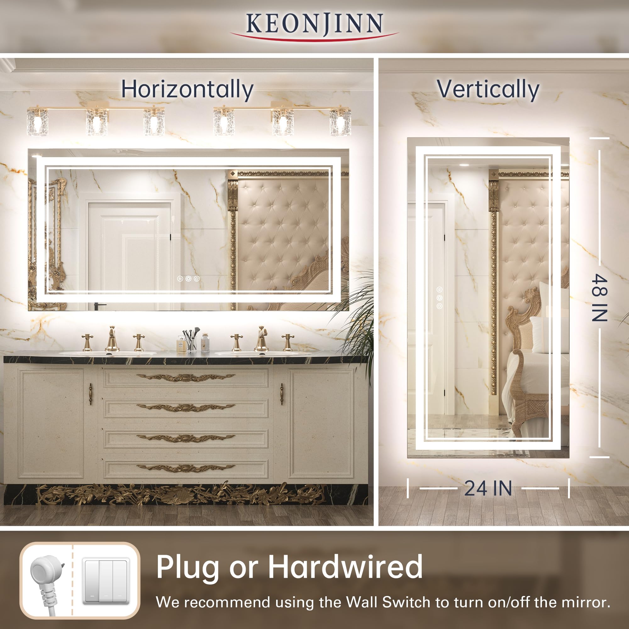 Keonjinn LED Bathroom Mirror 48" x 24" with Frontlit and Backlit ...